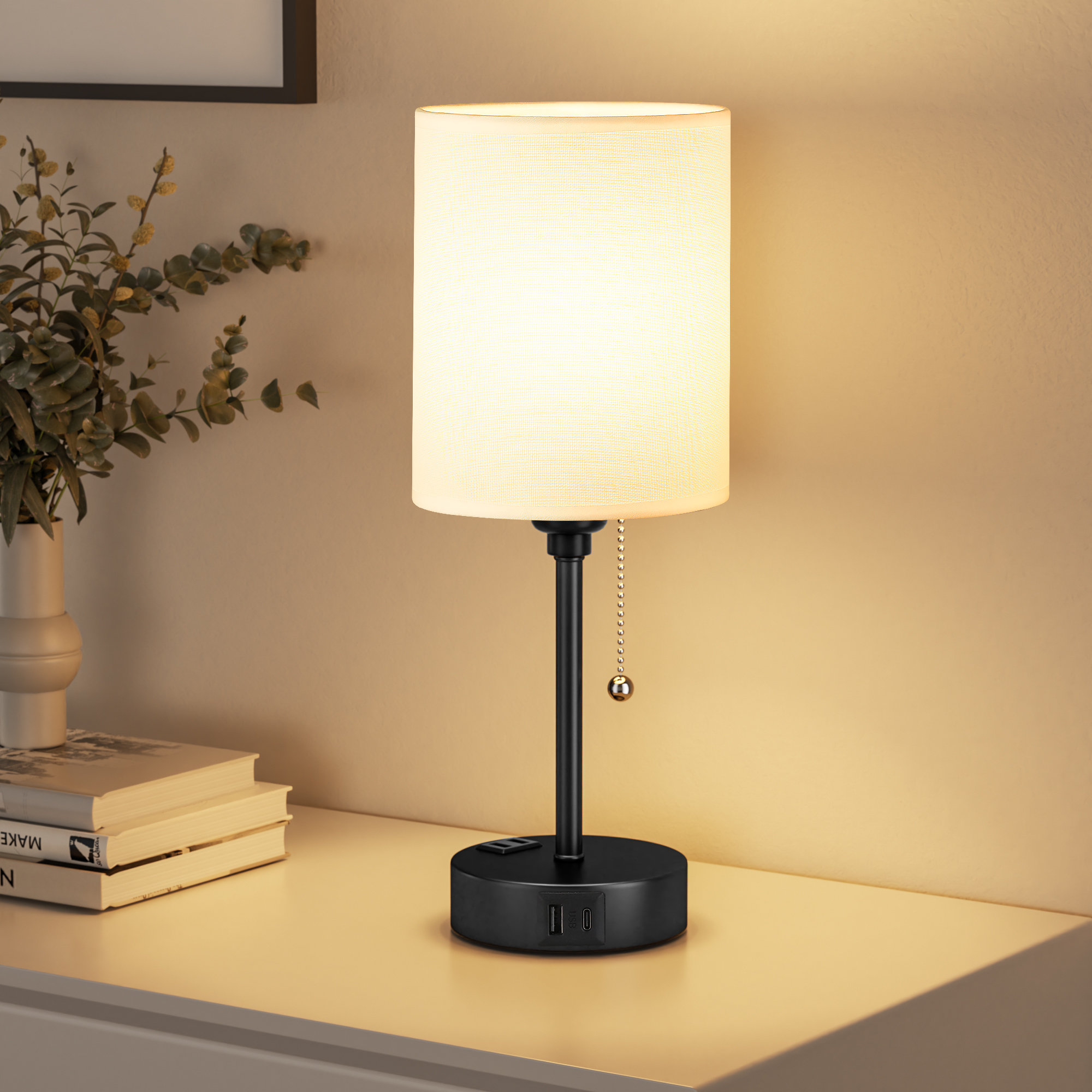Ebern Designs 14.6'' Minimal Bedside Table Lamp with Charging Ports ...