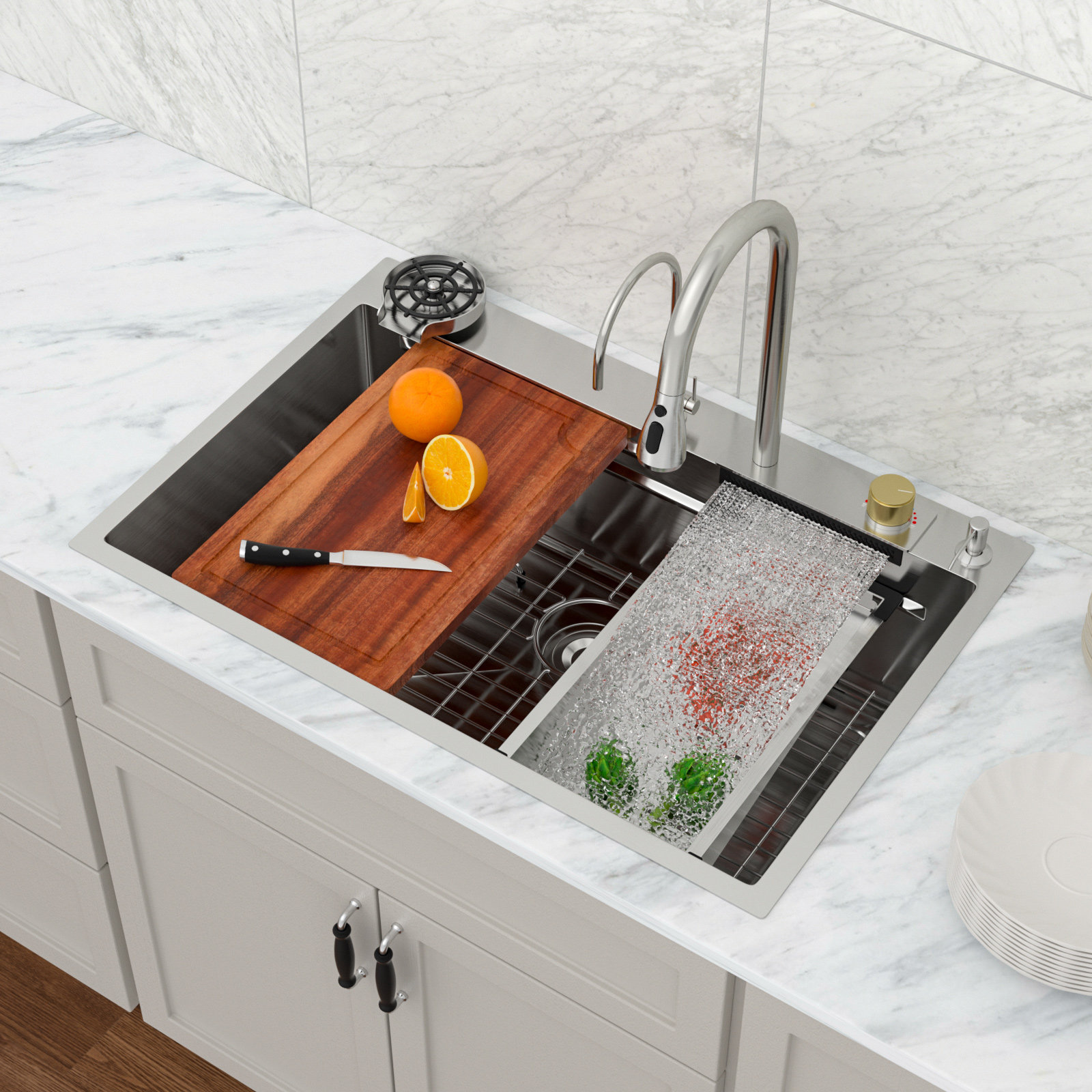 Logmey 33 Inch Waterfall Kitchen Sink Workstation Smart Sinks 33x22x9 ...
