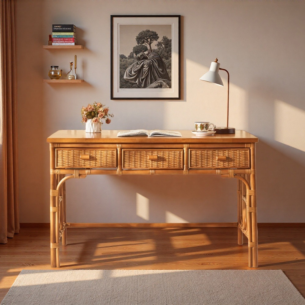 Orren Ellis Durable Ash Wood Rattan Three-drawer Writing Desk | Wayfair