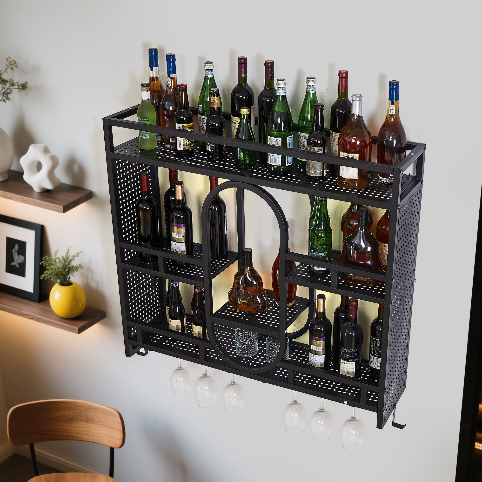 Ivy Bronx 39" Wall Mounted Wine Rack With Led,3-tier Bar Shelf With ...