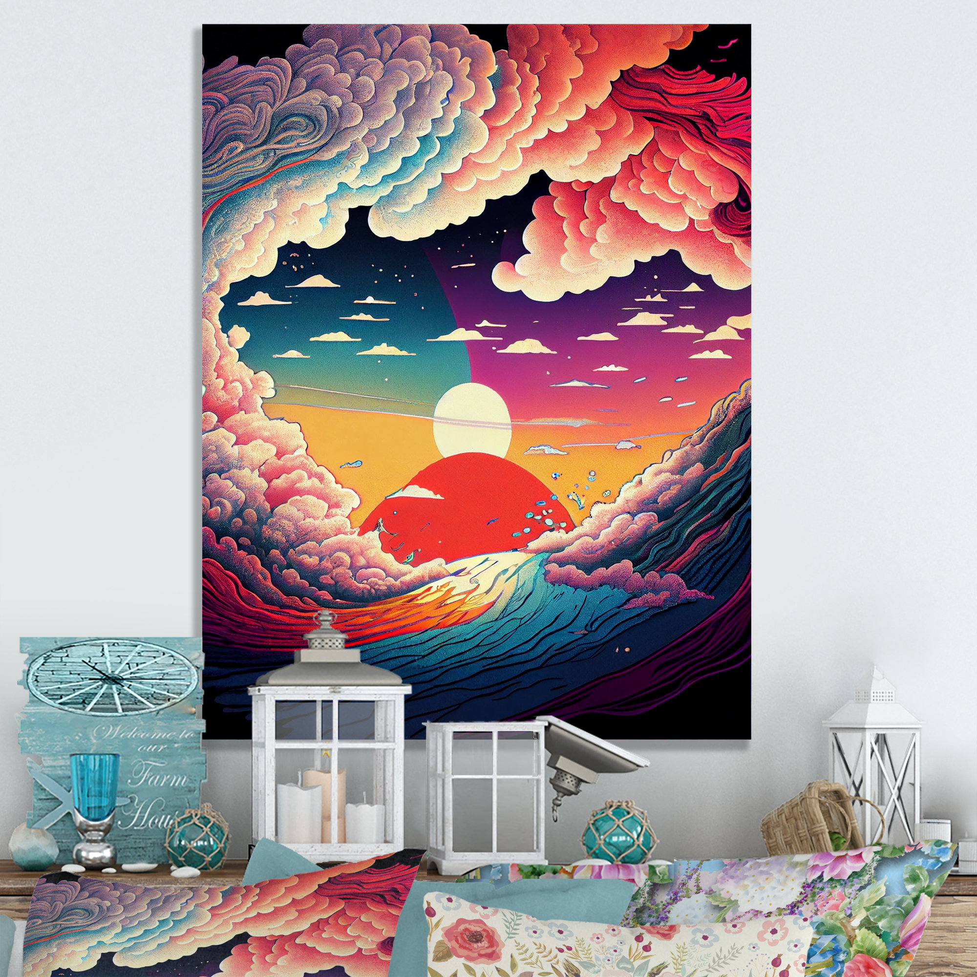 Dovecove Red Sunset over the Wild Waves of the Lake - Print on Canvas ...