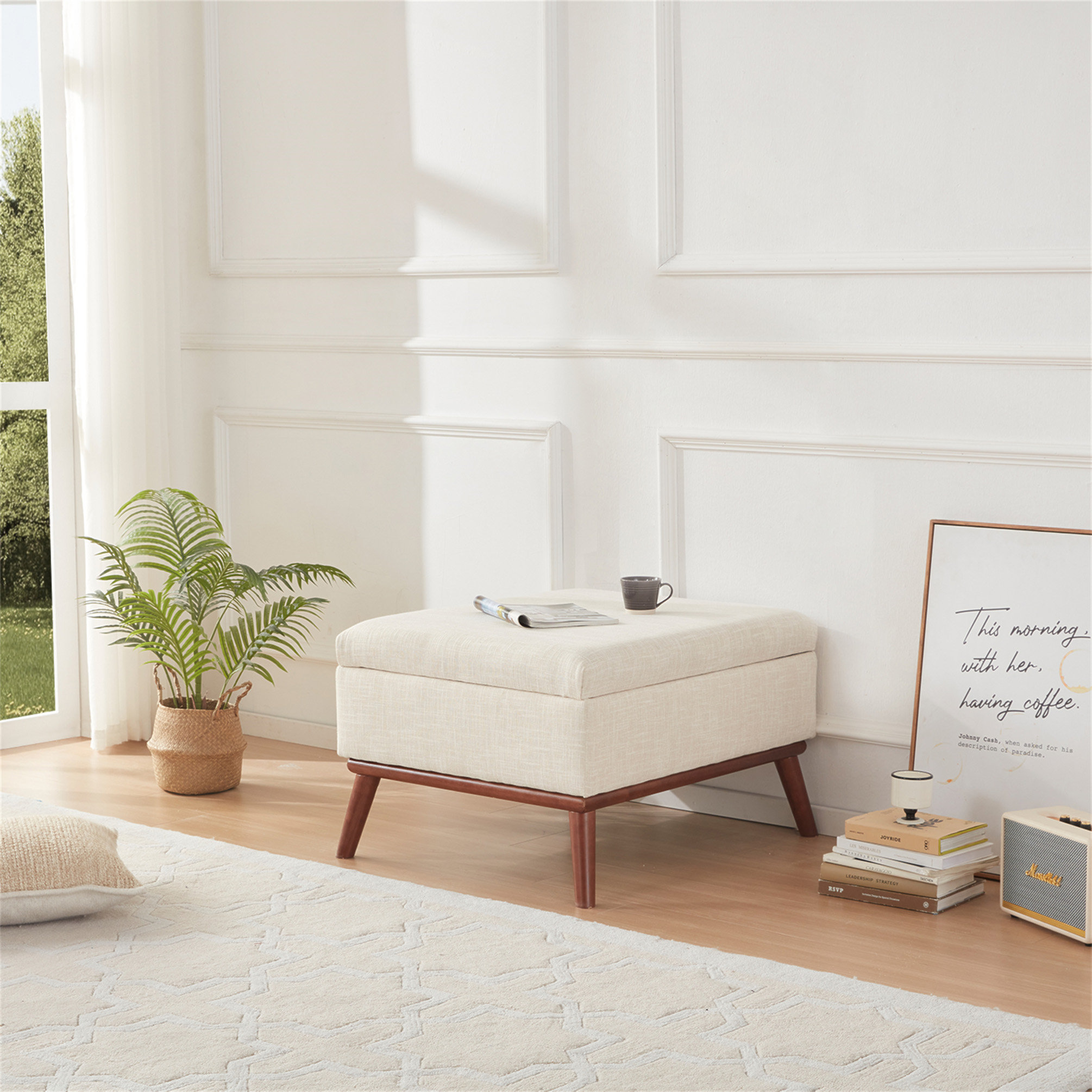 George Oliver Beige Large Ottoman With Storage, 31.5-Inch Mid Century ...