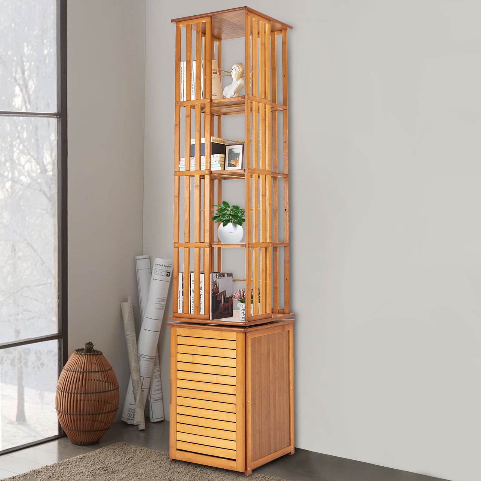 Winston Porter 360° Revolving Bookcase, Corner Freestanding Storage ...