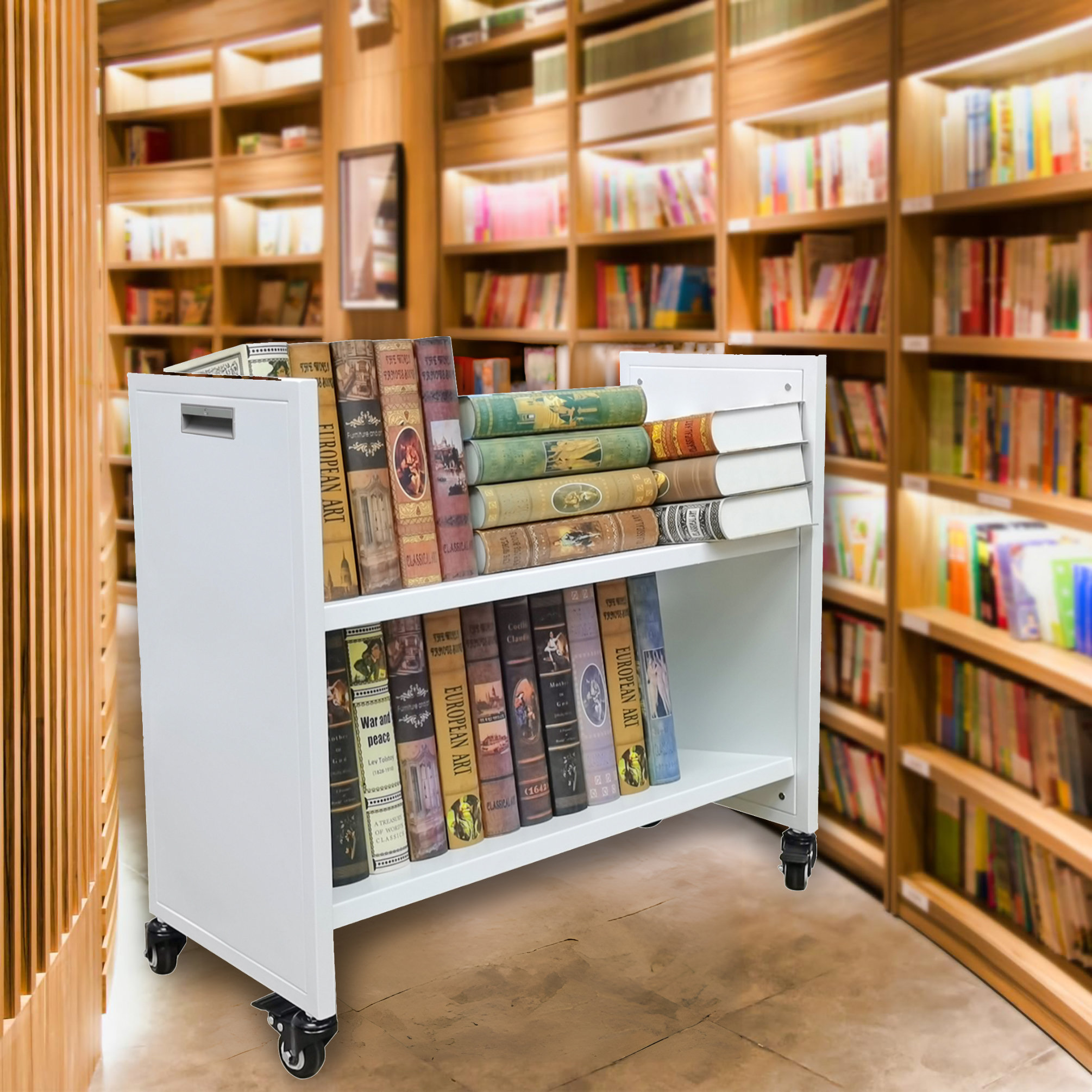 17 Stories 30 X 13 X 27" 2 Tier White Metal Book Cart Rooling Book ...