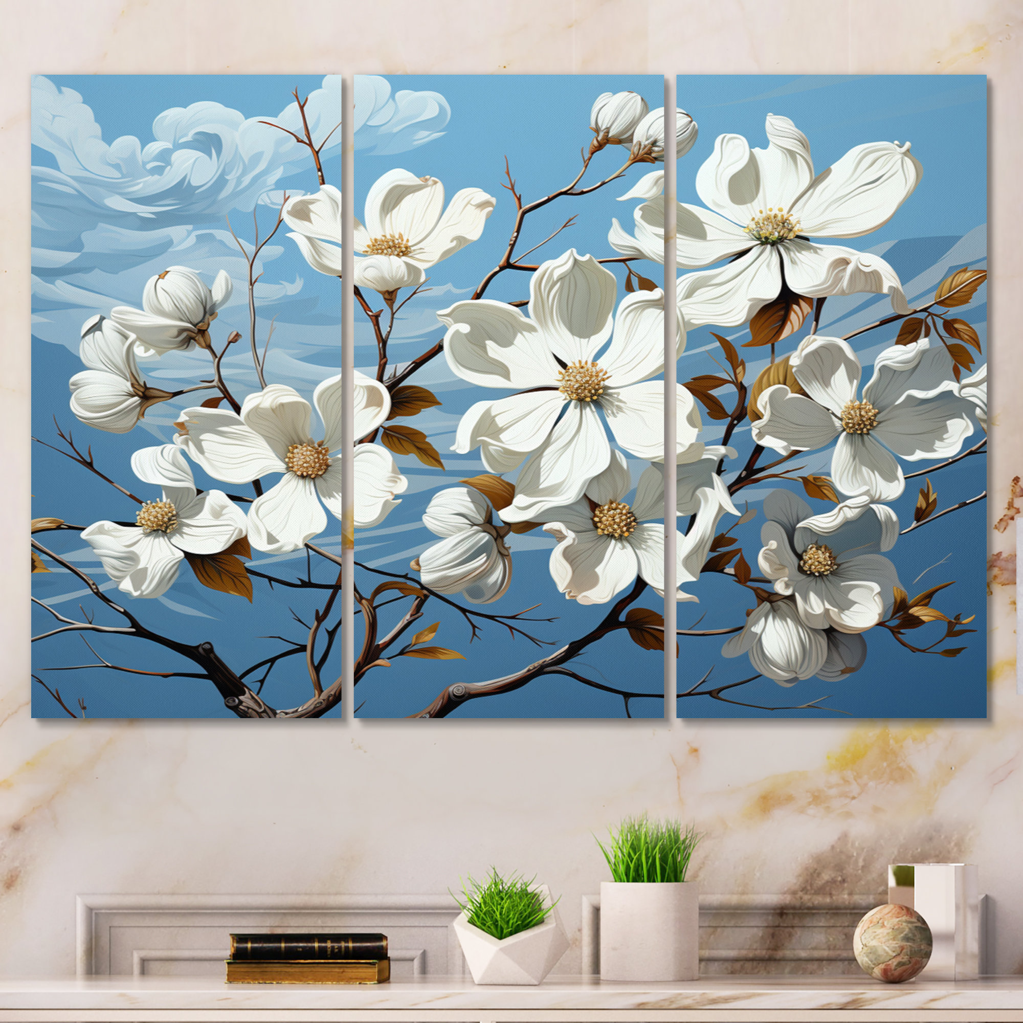 Design Art White Blue Dogwood Delight II - Floral Metal Wall Decor Set ...