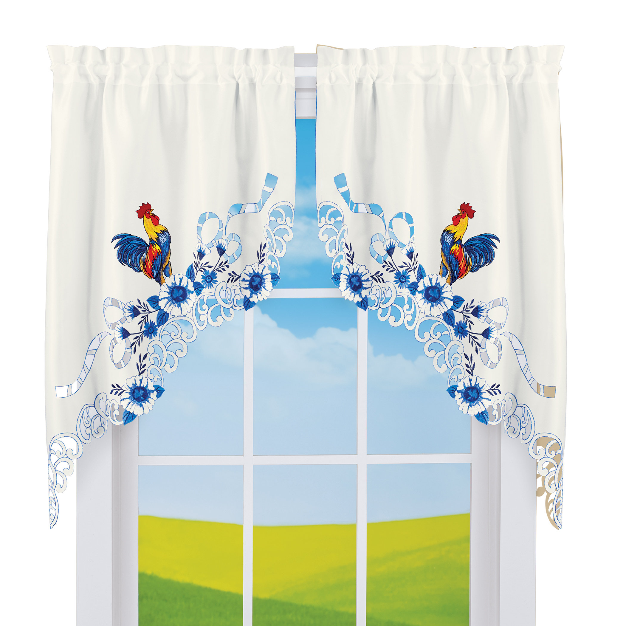 August Grove® Country Blue Rooster Daisy Embroidered Kitchen Curtains ...