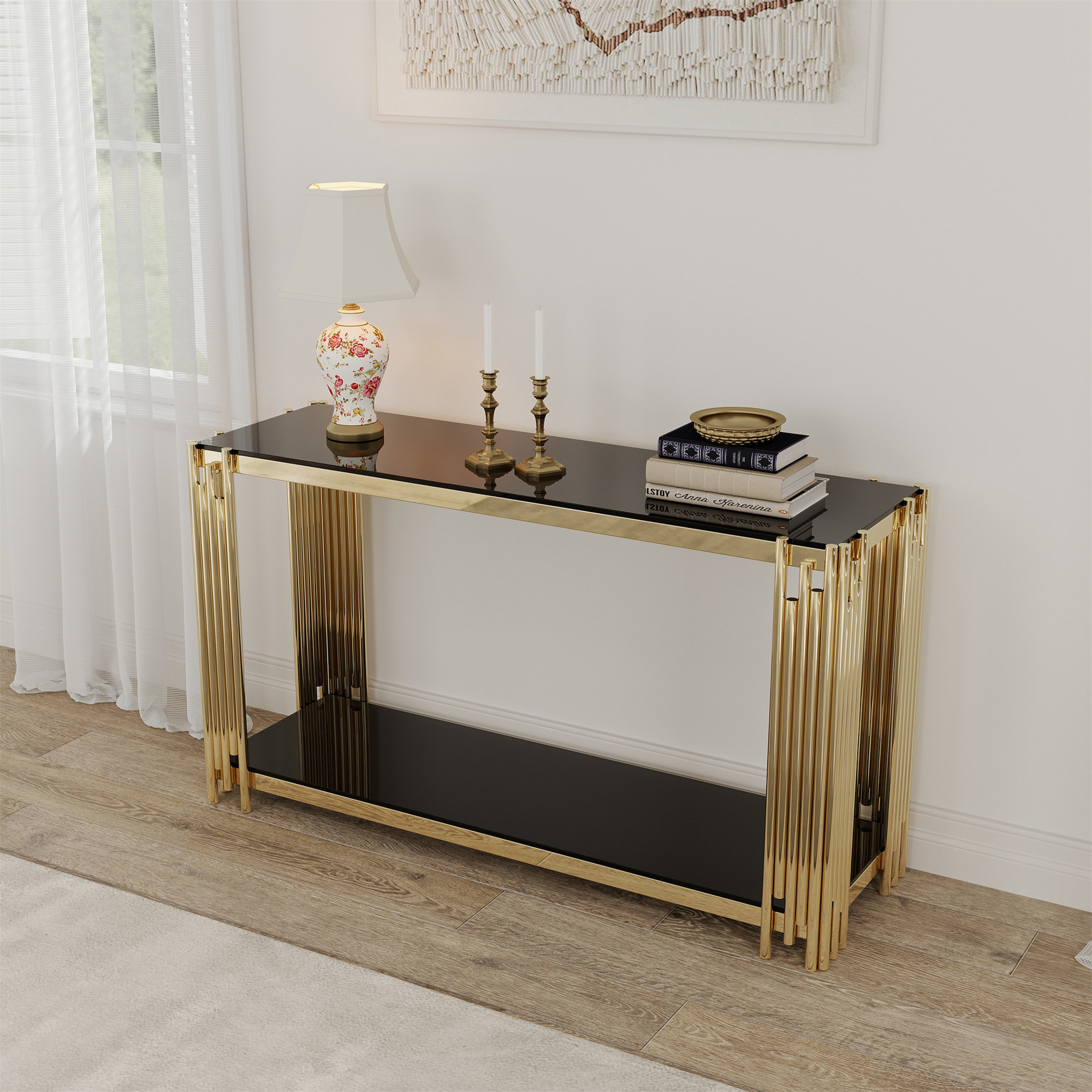 Hokku Designs Modern Glass Console Table, 55" Gold Sofa Table With ...