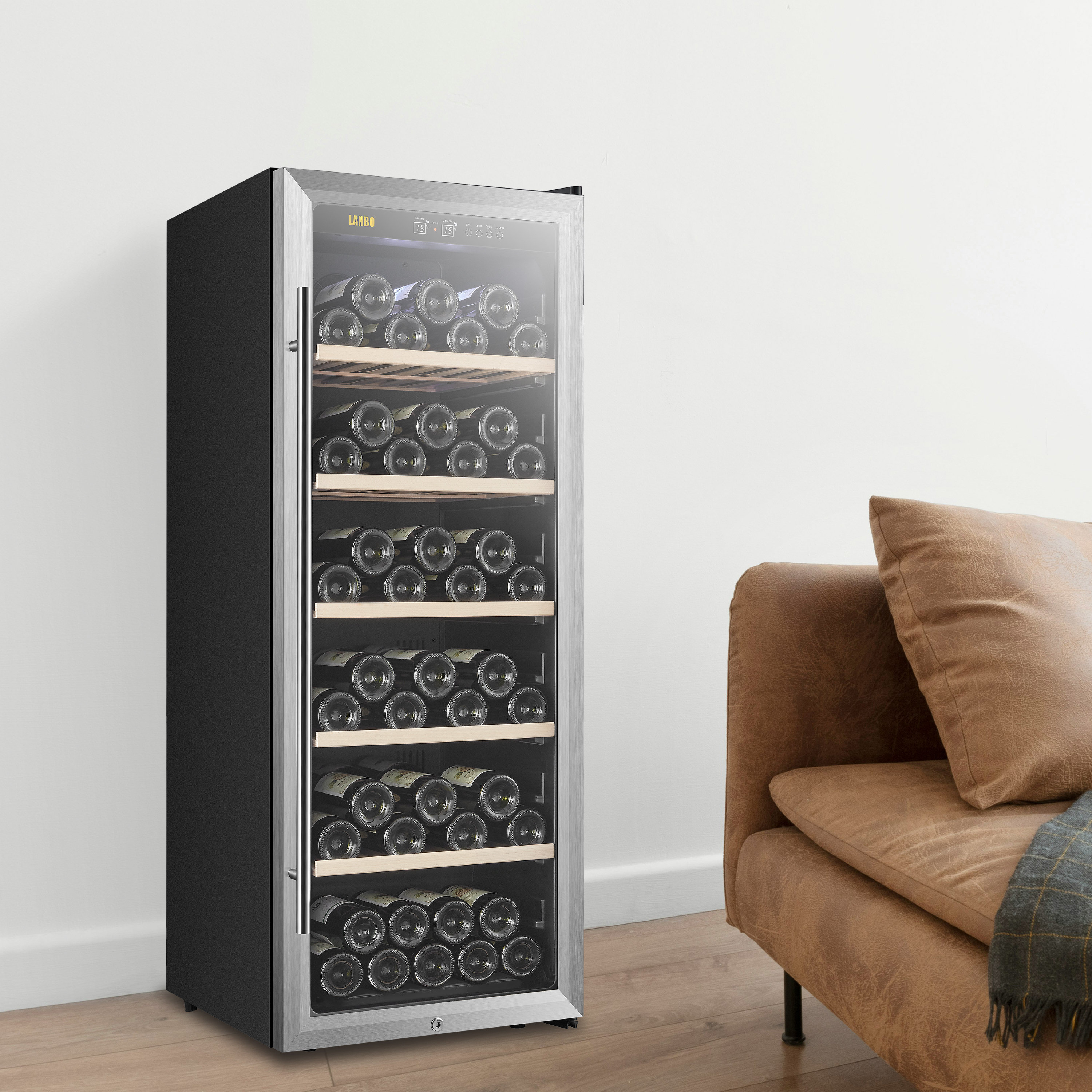 Lanbo 20" 69 Bottle Freestanding Wine Cooler with Beechwood Shelves ...