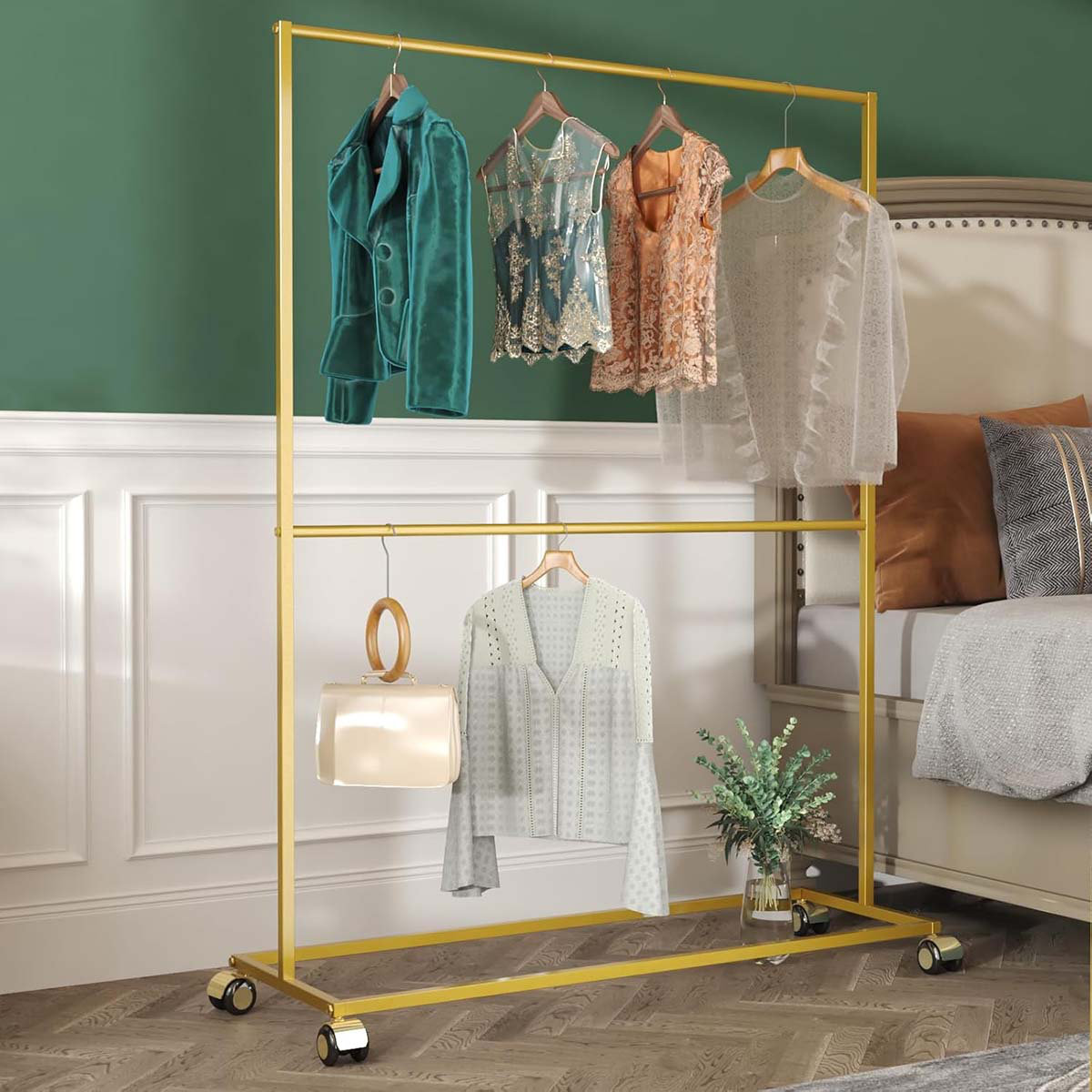 Mercer41 Gold Clothing Rack On Wheels 2 Tier Hanging Rods Gold Clothes ...