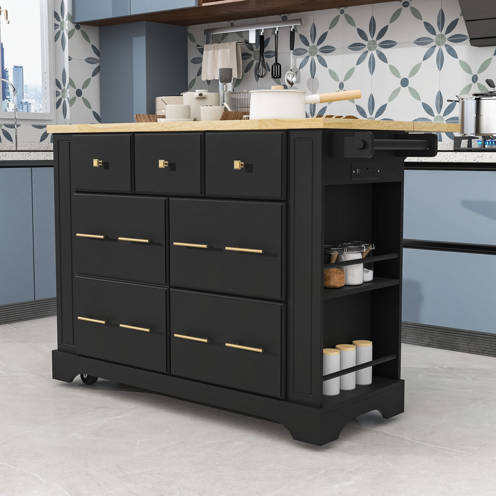 Lark Manor Rustic Rolling Kitchen Island with Drop-Leaf Countertop, Built-In Charging Station ...