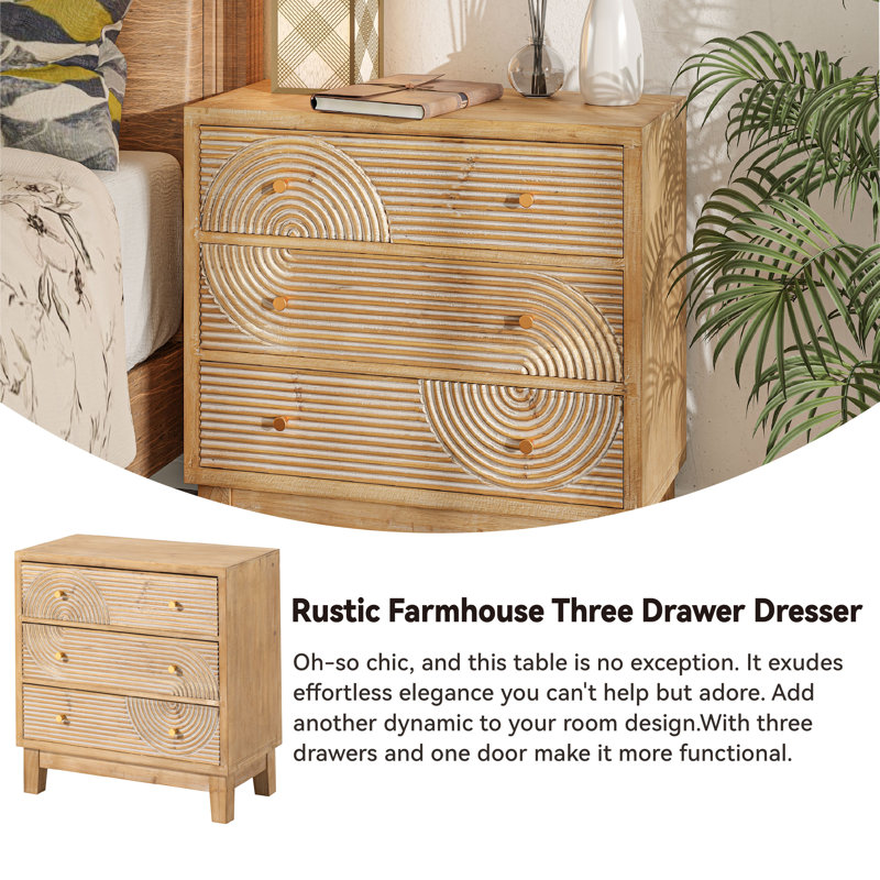 Loon Peak® Fayola Rustic Farmhouse Three Drawer Dresser, Mid Century 3 ...