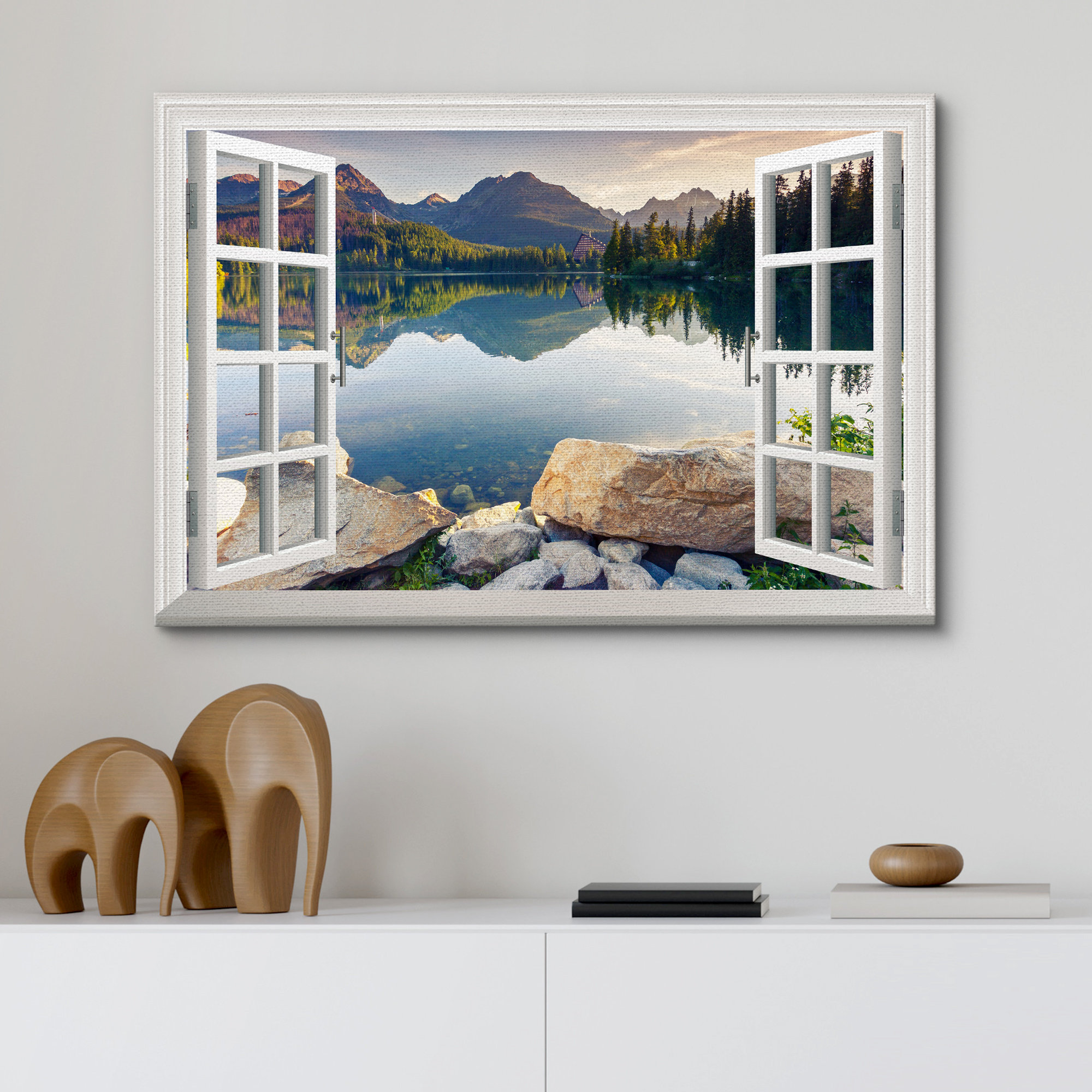 IDEA4WALL Window Scenery Green Peaceful Lake Natural Landscape Photography Pictures Canvas Print ...