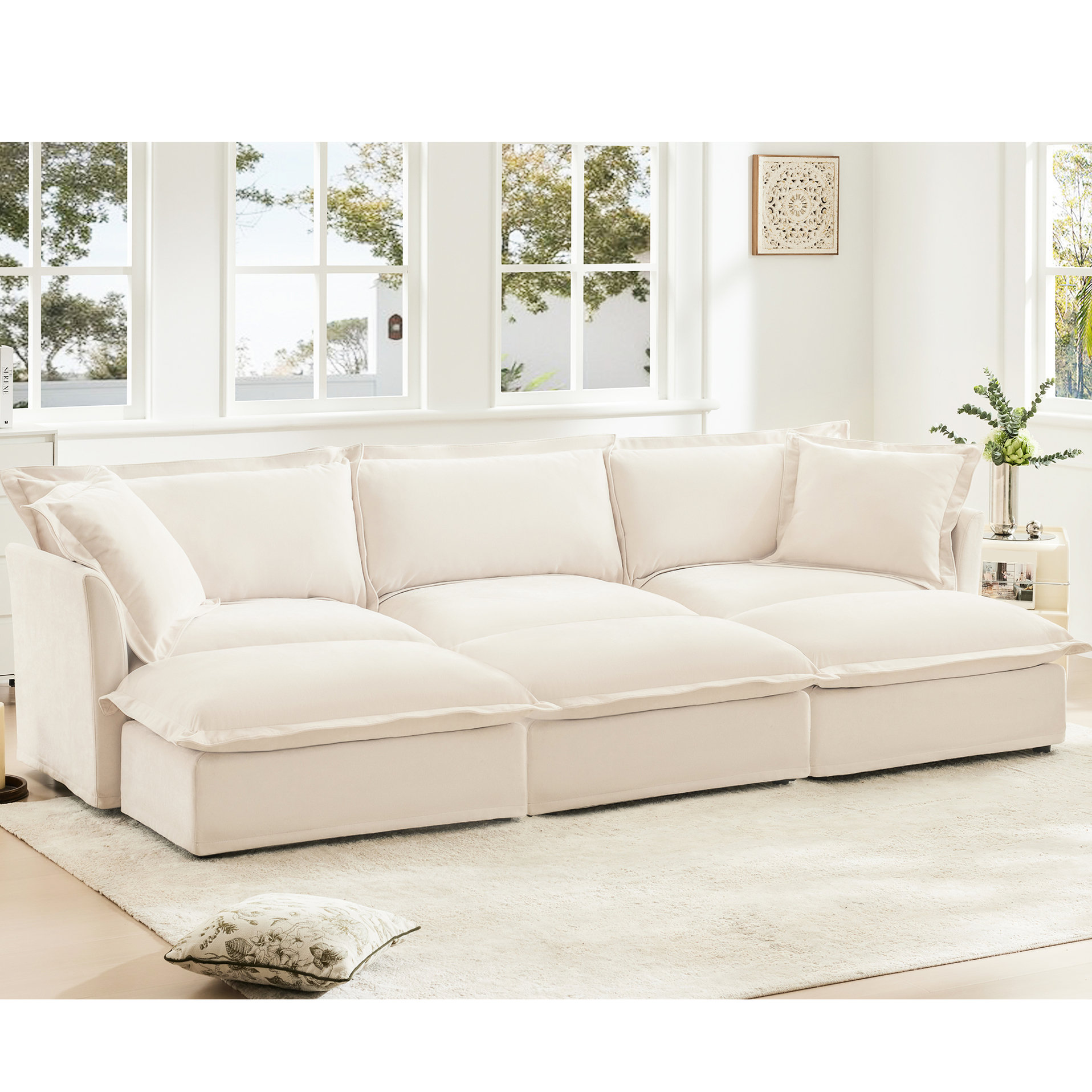 Hokku Designs Comfy Cream Chenille 3 With 3 Ottomans For Living Room ...