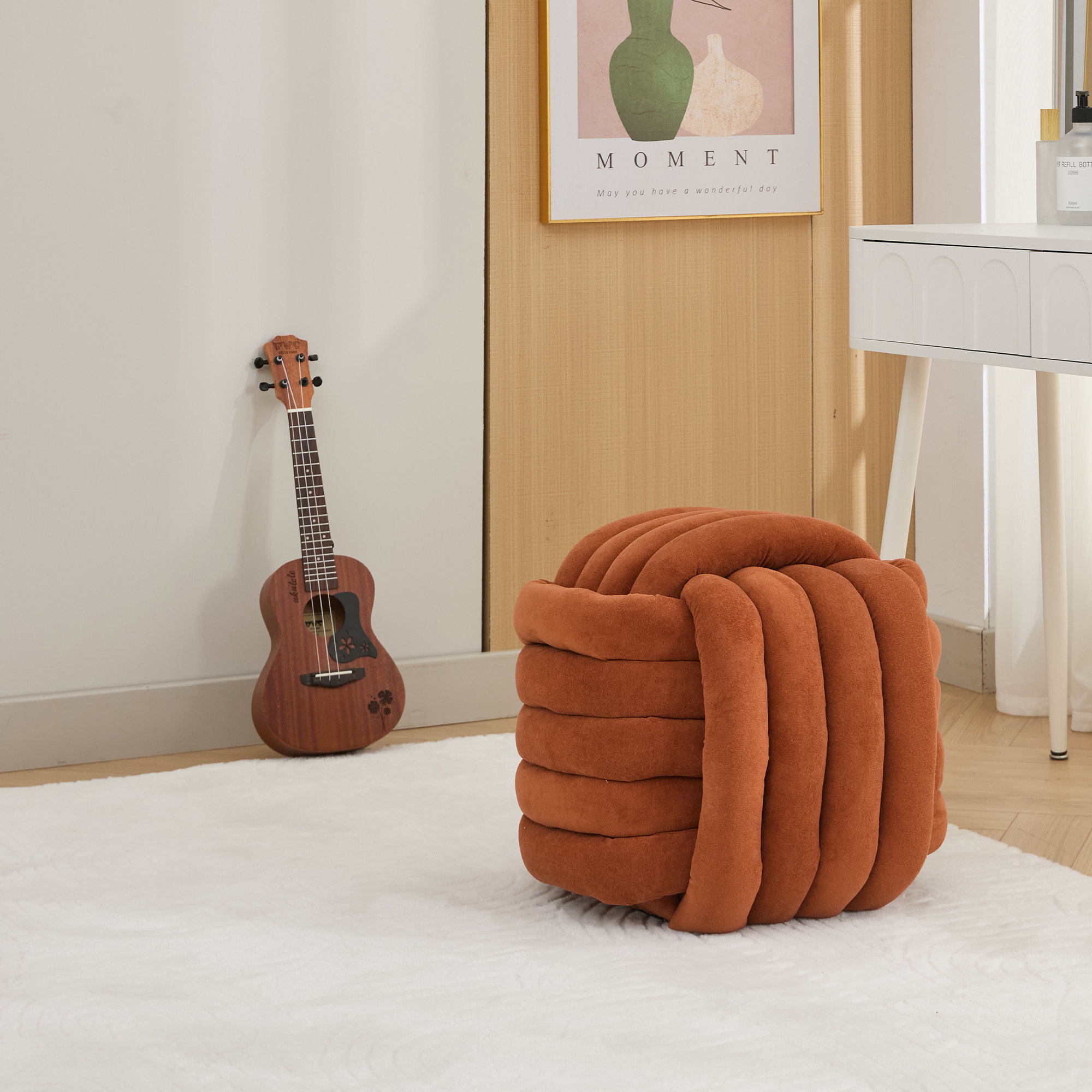 Brayden Studio® Chenille Fabric Ottoman With Modern Knot Design – Plush Makeup Stool And ...