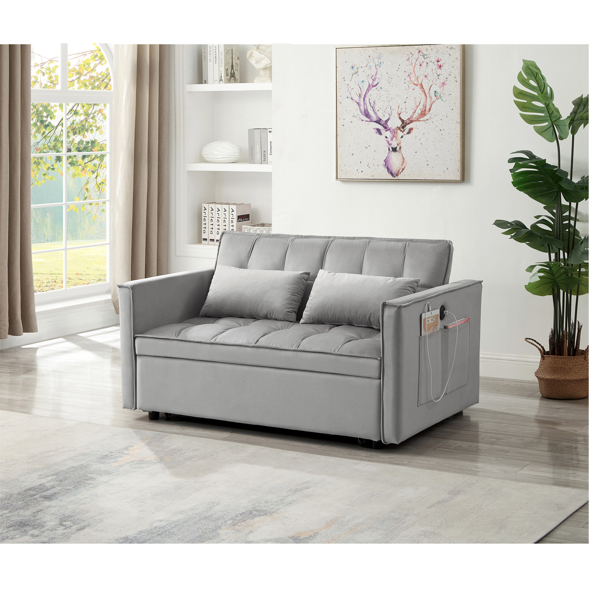 Everly Quinn Sleeper Sofa Bed W/USB Port, 3-In-1 Adjustable Sleeper With Pull-Out Bed, 2 Lumbar ...