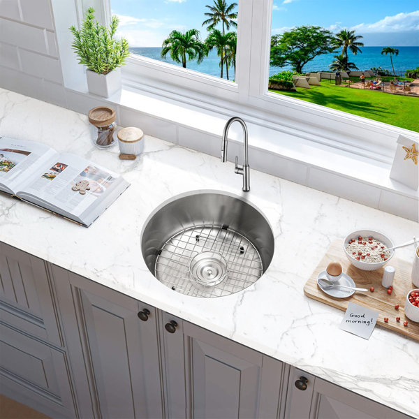 KBFmore Circular 18" L x 18" W Dual Mount Kitchen Bar Sink with Basket ...