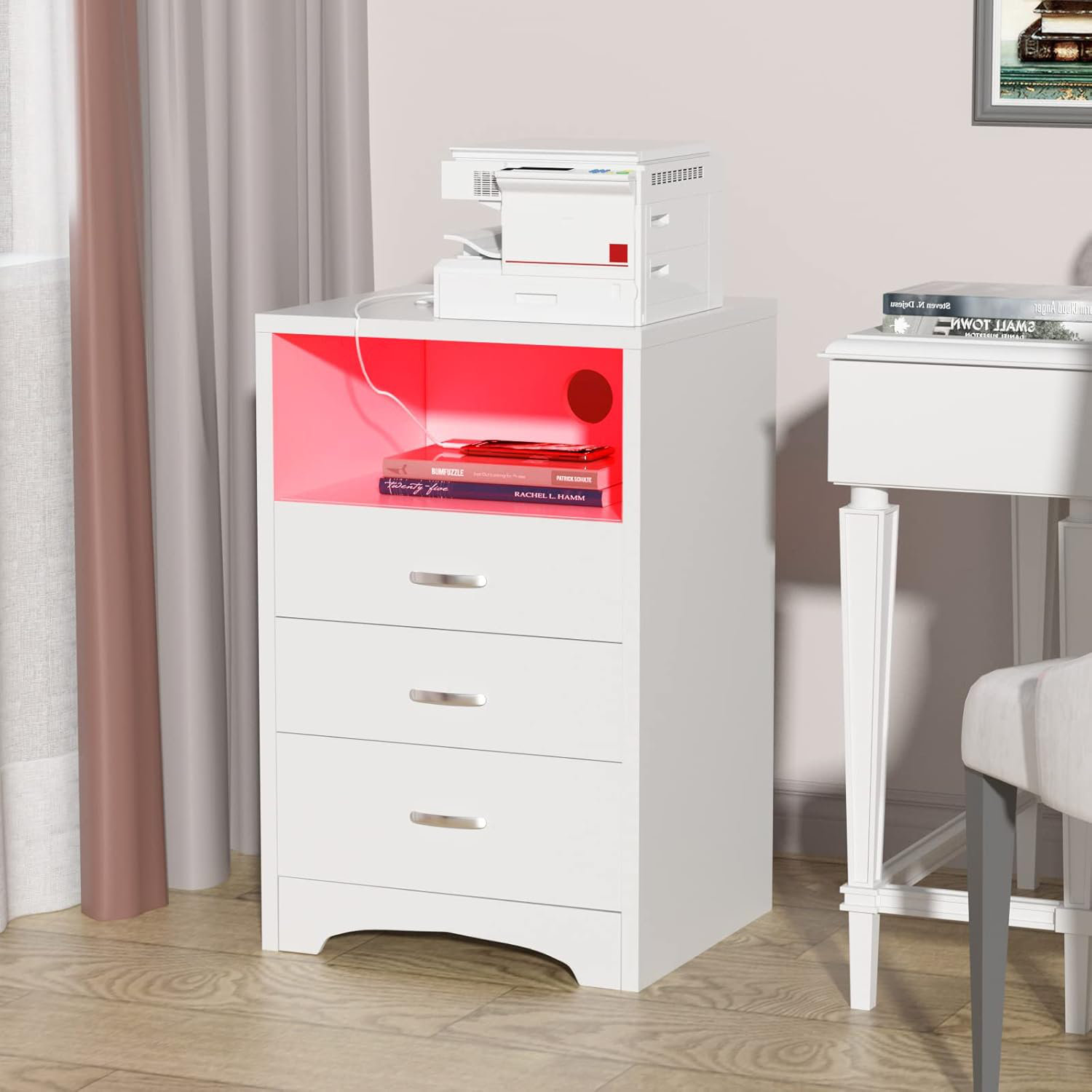 Hokku Designs Modern Nightstand With Wireless Charging, LED Lights, 3 ...