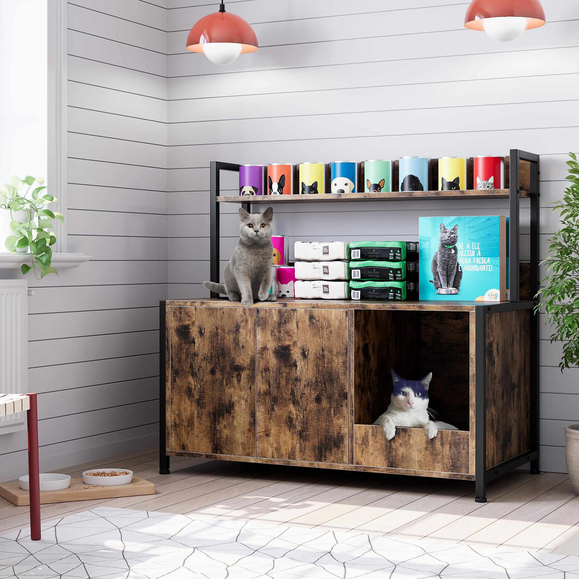 17 Stories Large Rustic Brown Litter Box Enclosure With Shelves And ...