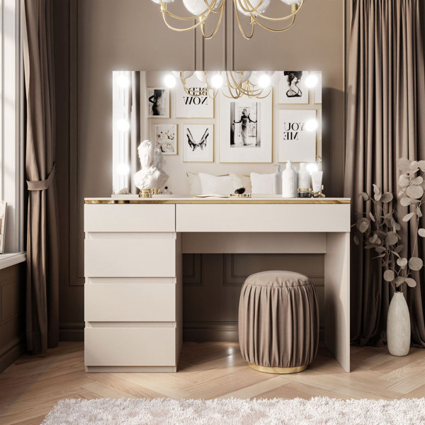 Brayden Studio Dressing Table CASHMERE with Mirror and Lighting + high ...