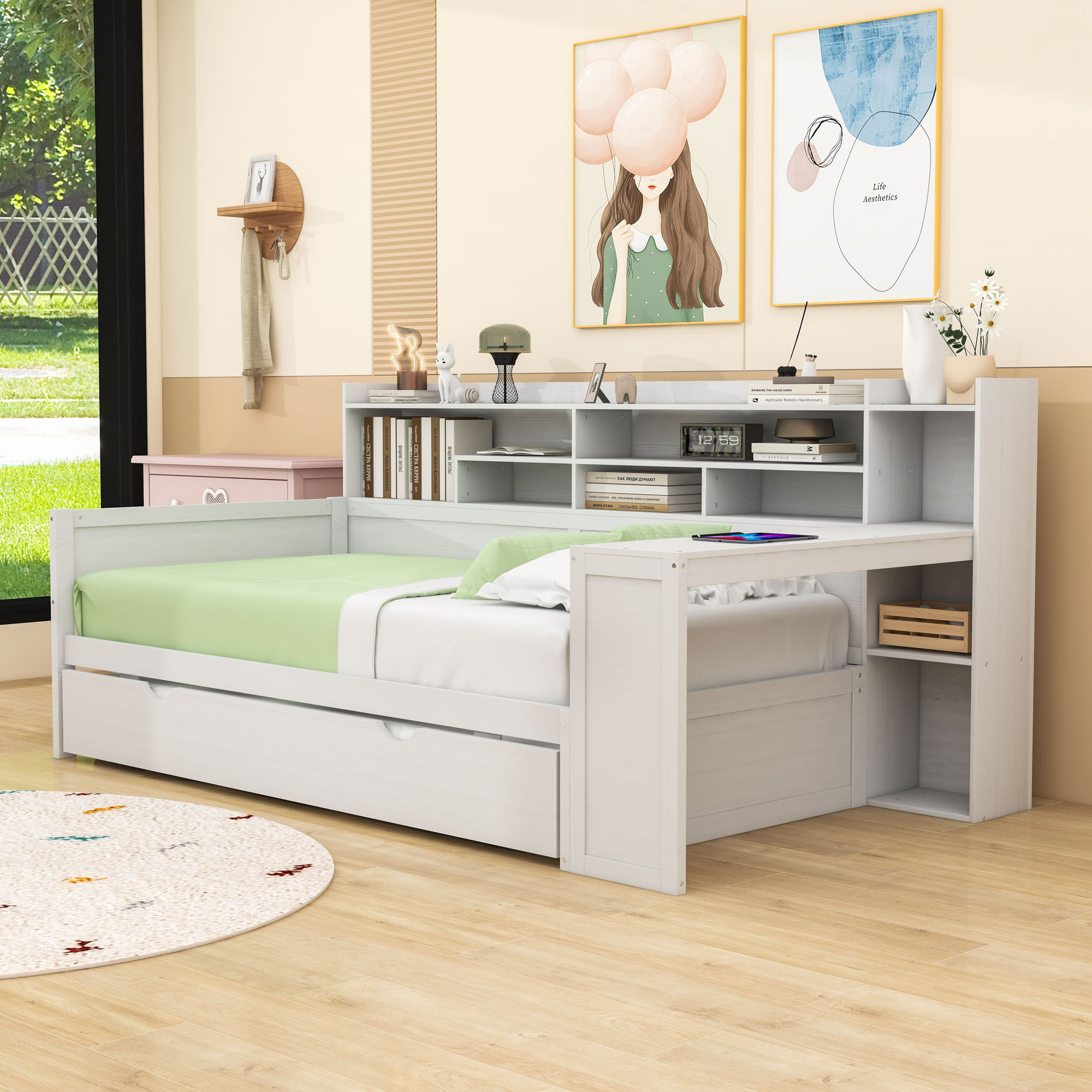 Lark Manor™ Wooden Daybed with Storage Shelves, Trundle Bed and Study ...