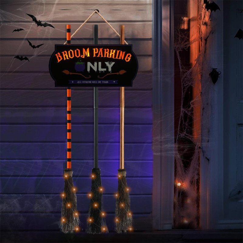 The Holiday Aisle® Lighted Broom Parking Sign with 3 Wooden Witches ...
