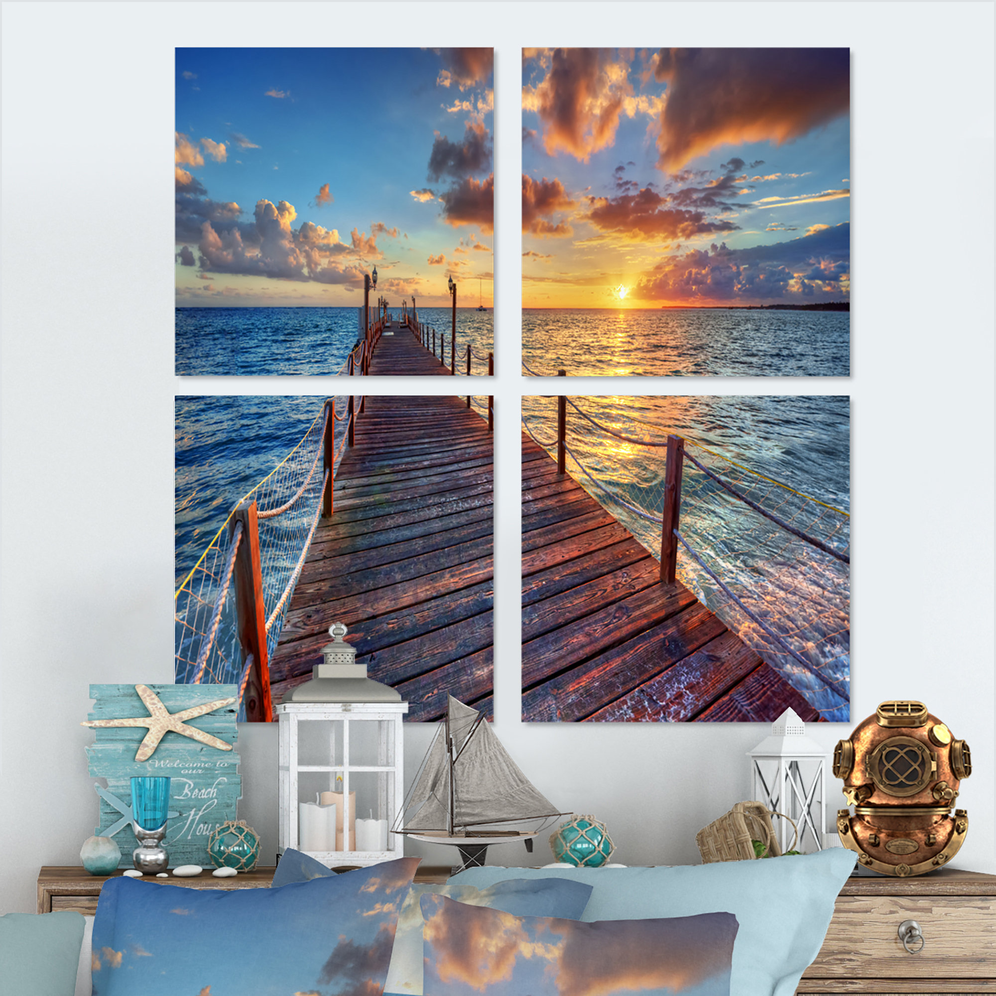 Rosecliff Heights " Beautiful Sunset Over Sea Pier " 4 - Pieces ...