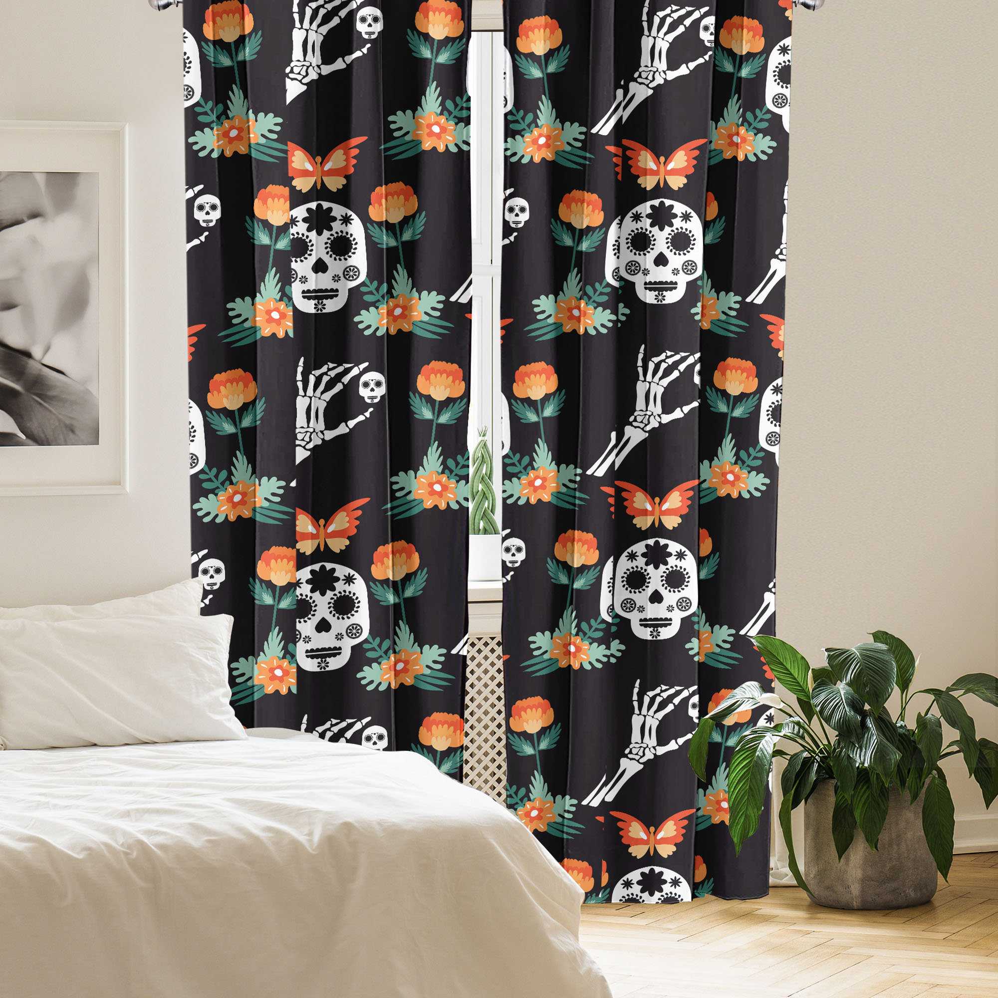 East Urban Home Dia de los Muertos Curtains Retro Skulls Art Pair ...