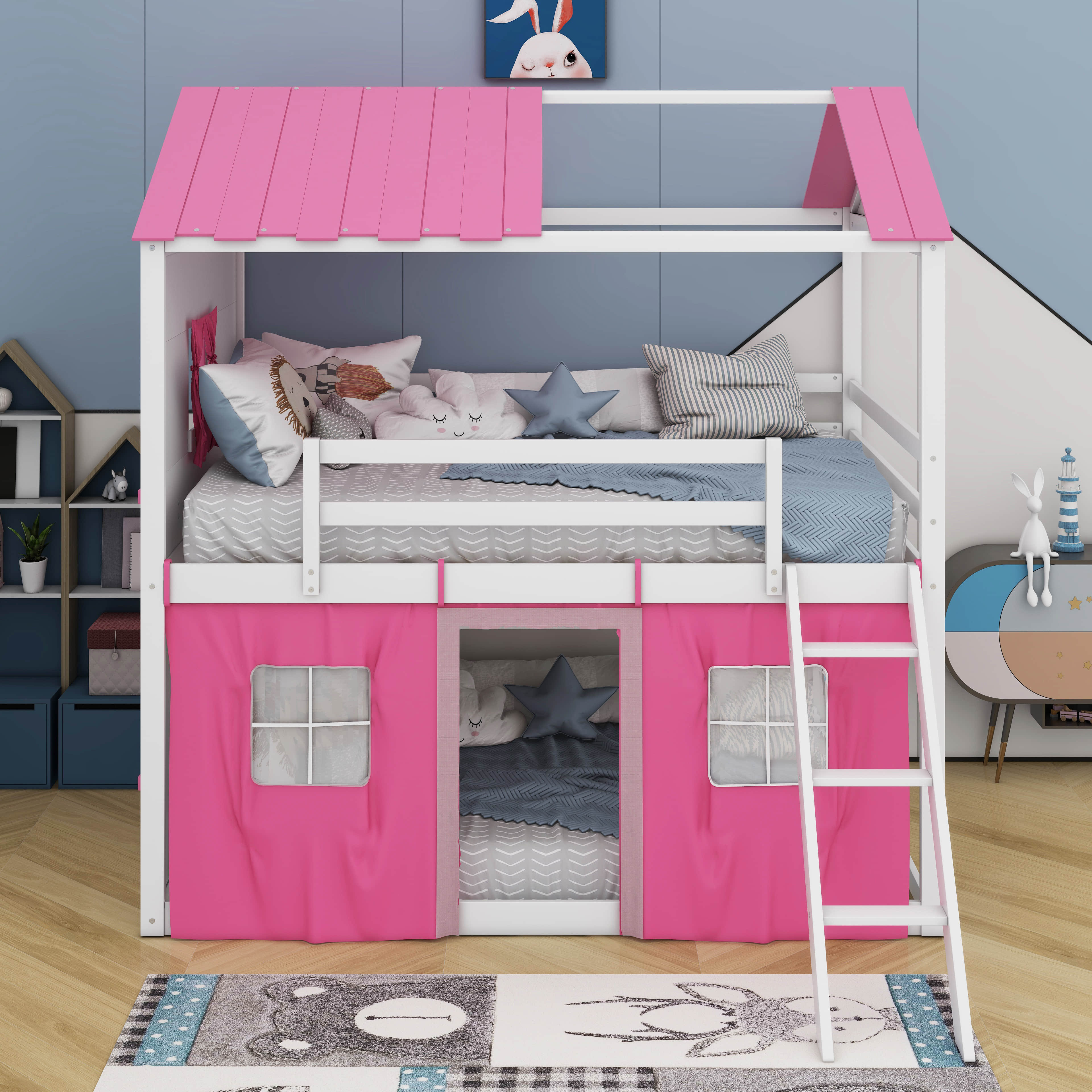 Harper Orchard Bunk Wood House Bed With Elegant Windows, Sills And Tent ...