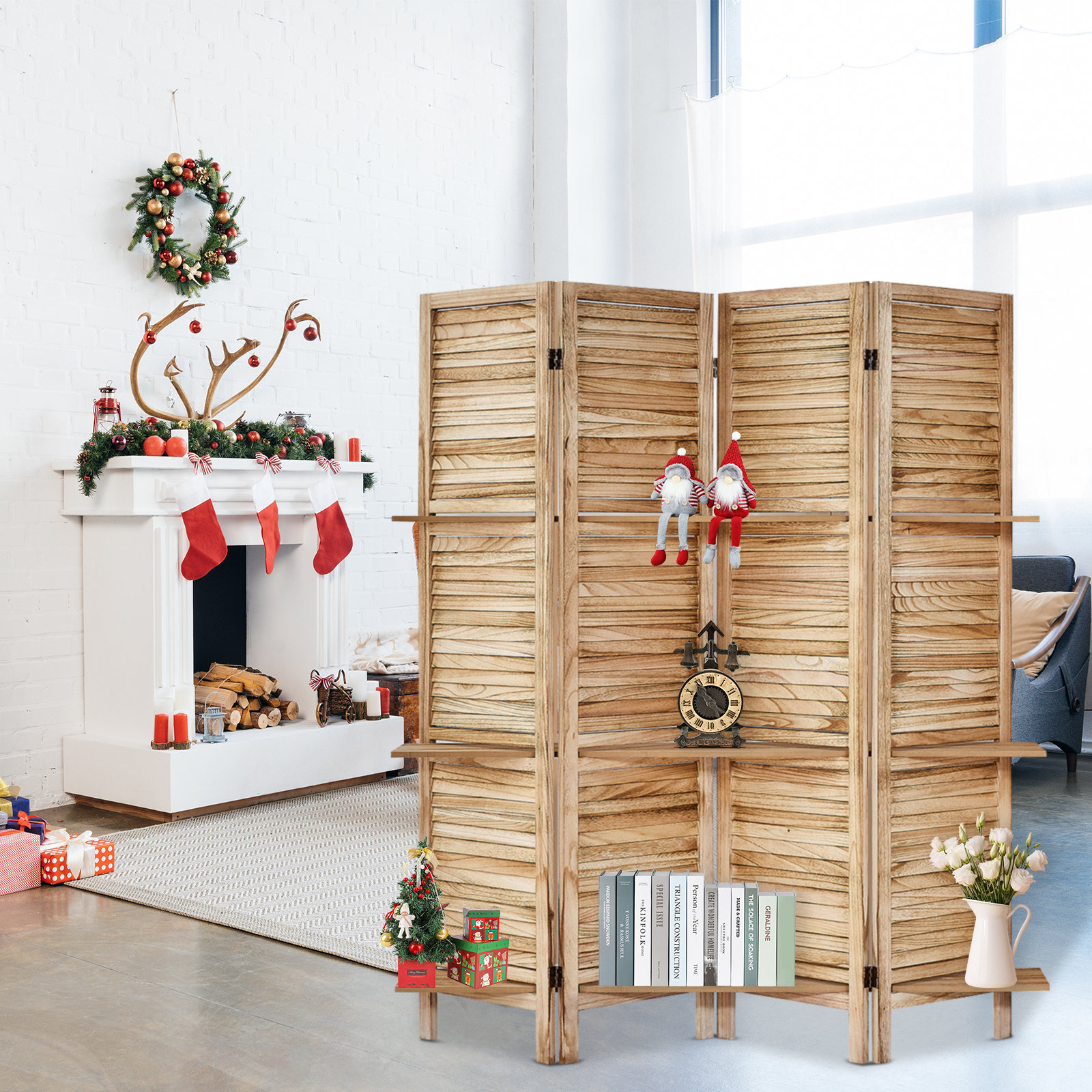 Beachcrest Home™ Artoria Panels Room Divider with Shelves Folding ...