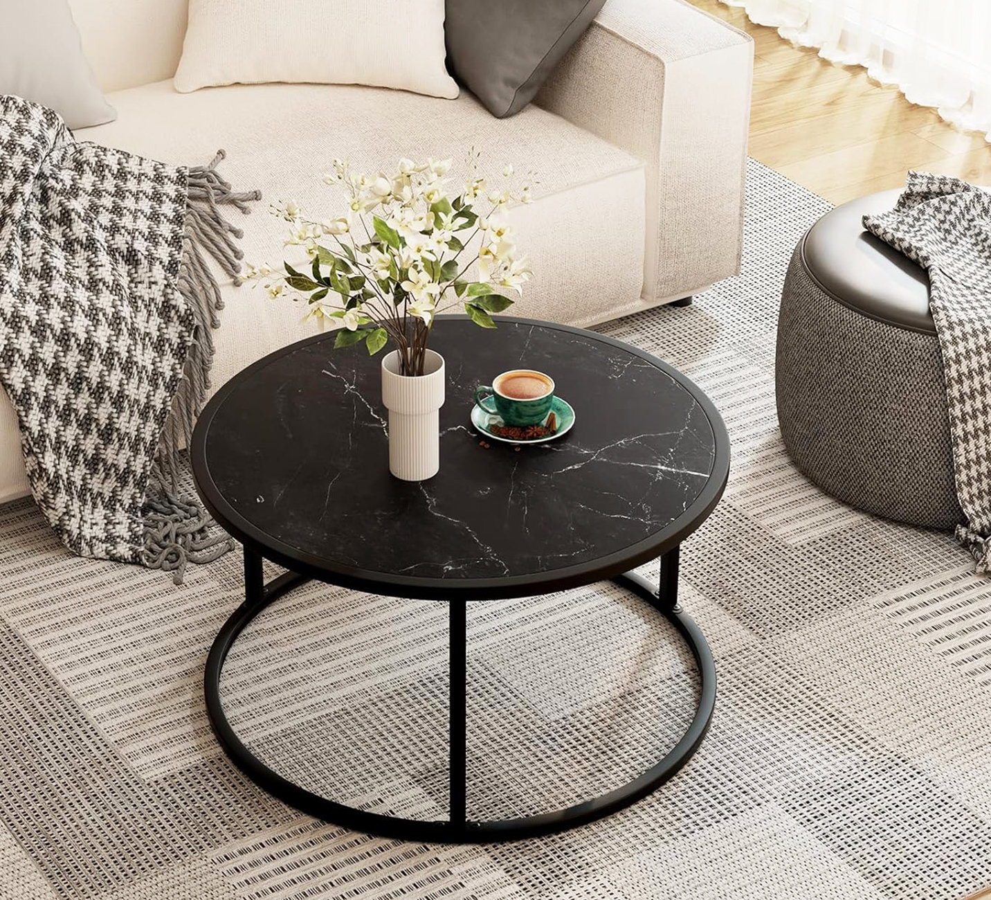 17 Stories Round Mmarble Coffee Table for Living Room,Modern Small ...