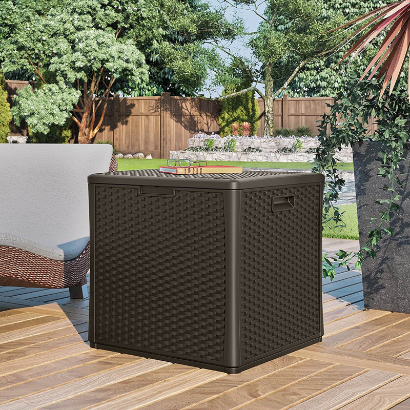 Suncast Outdoor Storage Resin Wicker Design Cube Shape Patio Deck Box ...