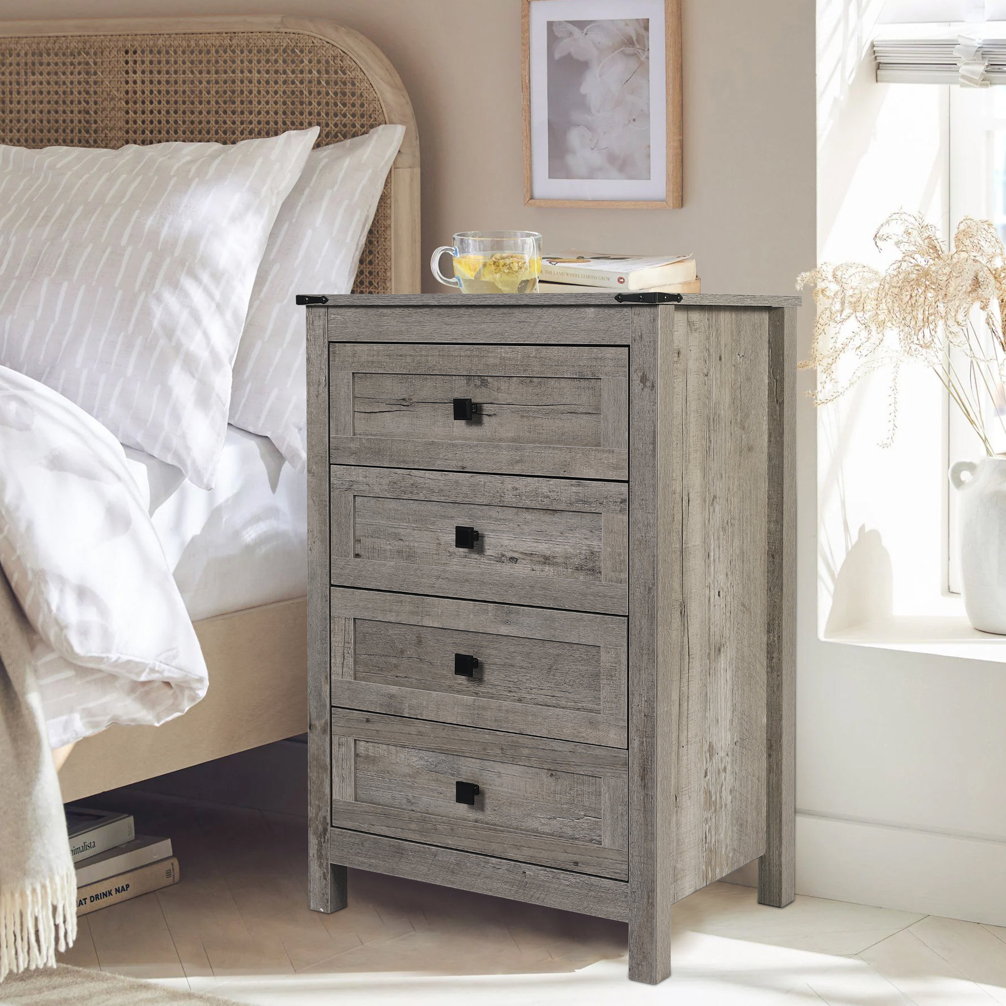 Gracie Oaks Ivyunna 4-Drawer Nightstand, Wood Farmhouse Dresser,Retro ...