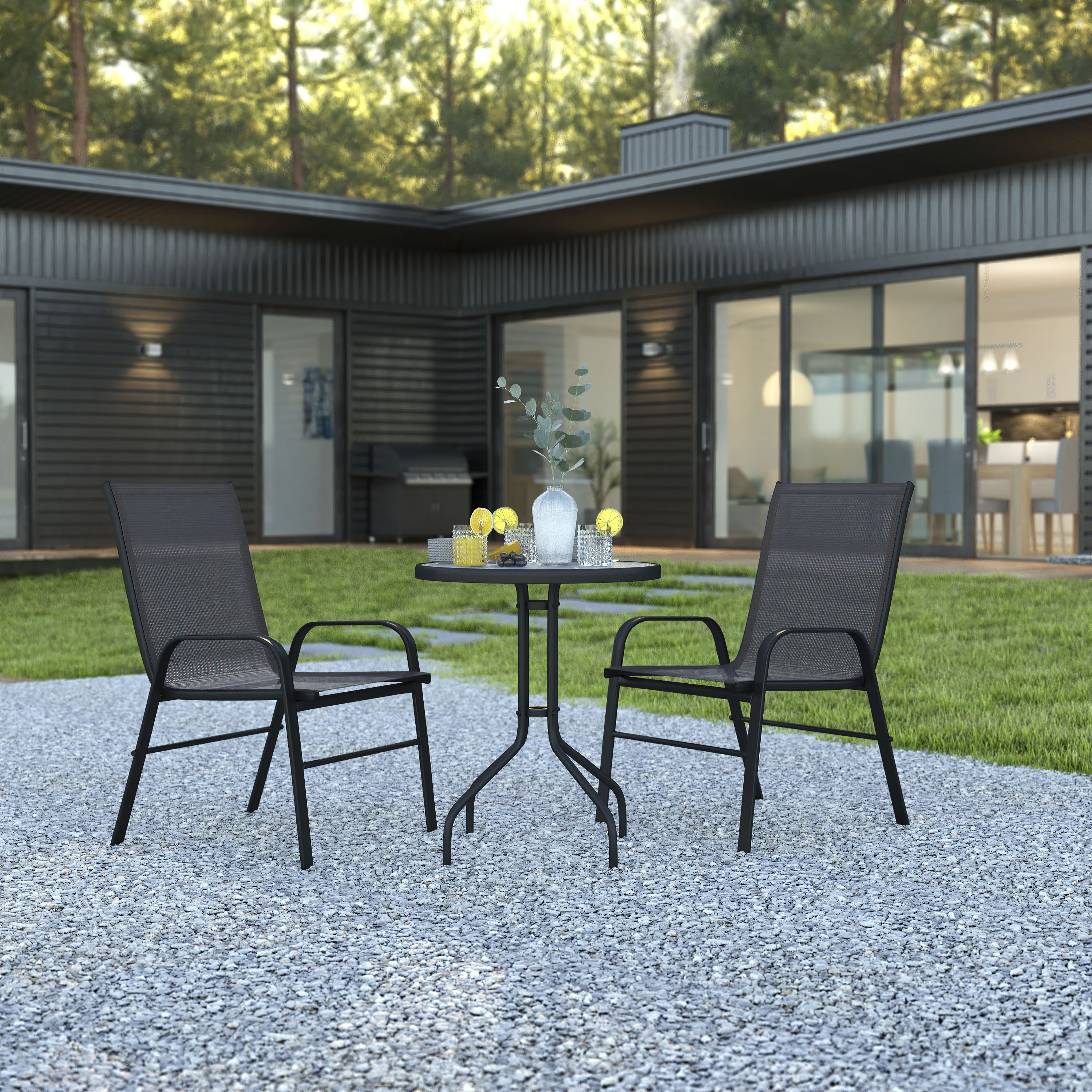 Latitude Run® Tadcaster 3 Piece Patio Dining Set - Glass Table, 2 Flex ...