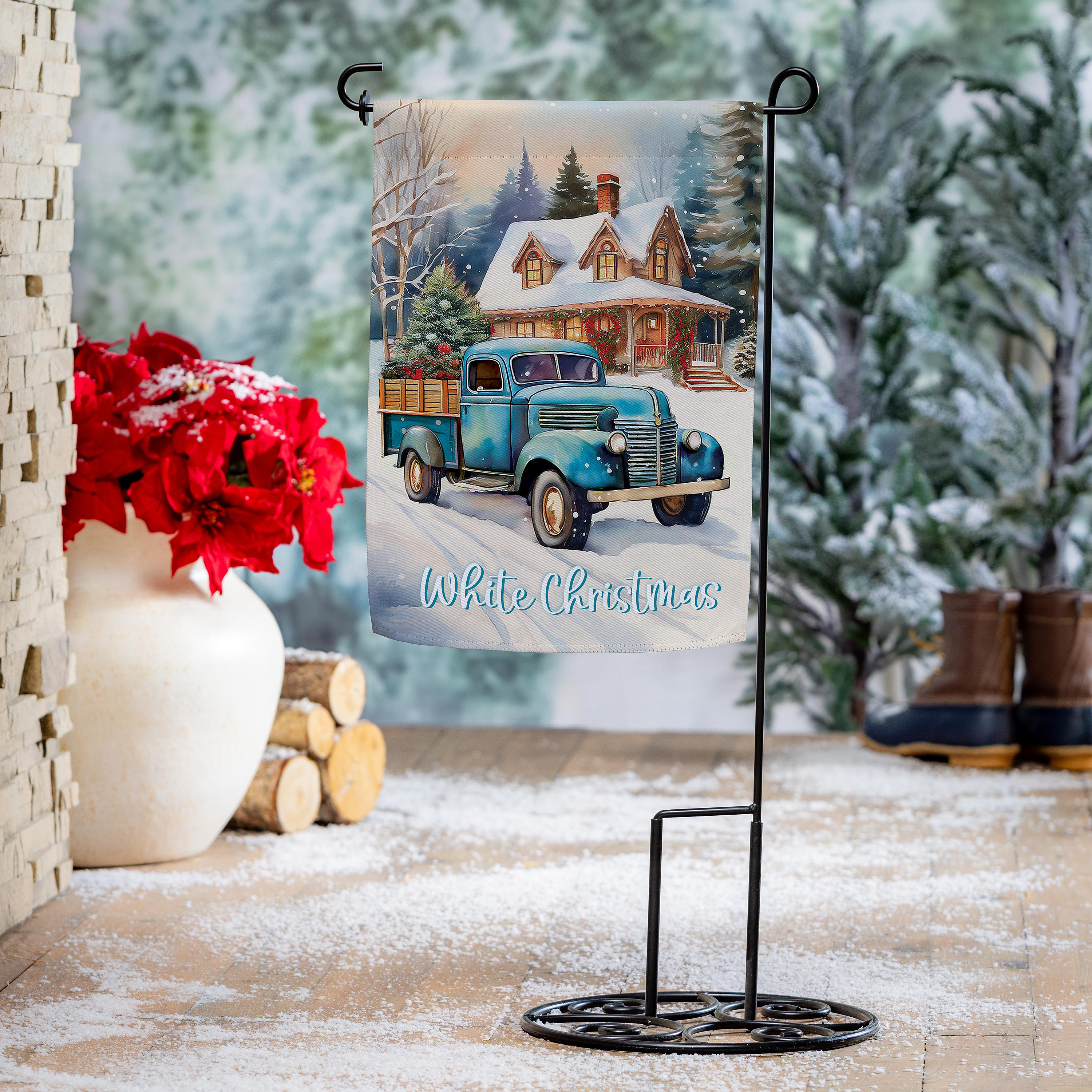 The Holiday Aisle® Holiday Blue Truck Suede Garden Flag | Wayfair
