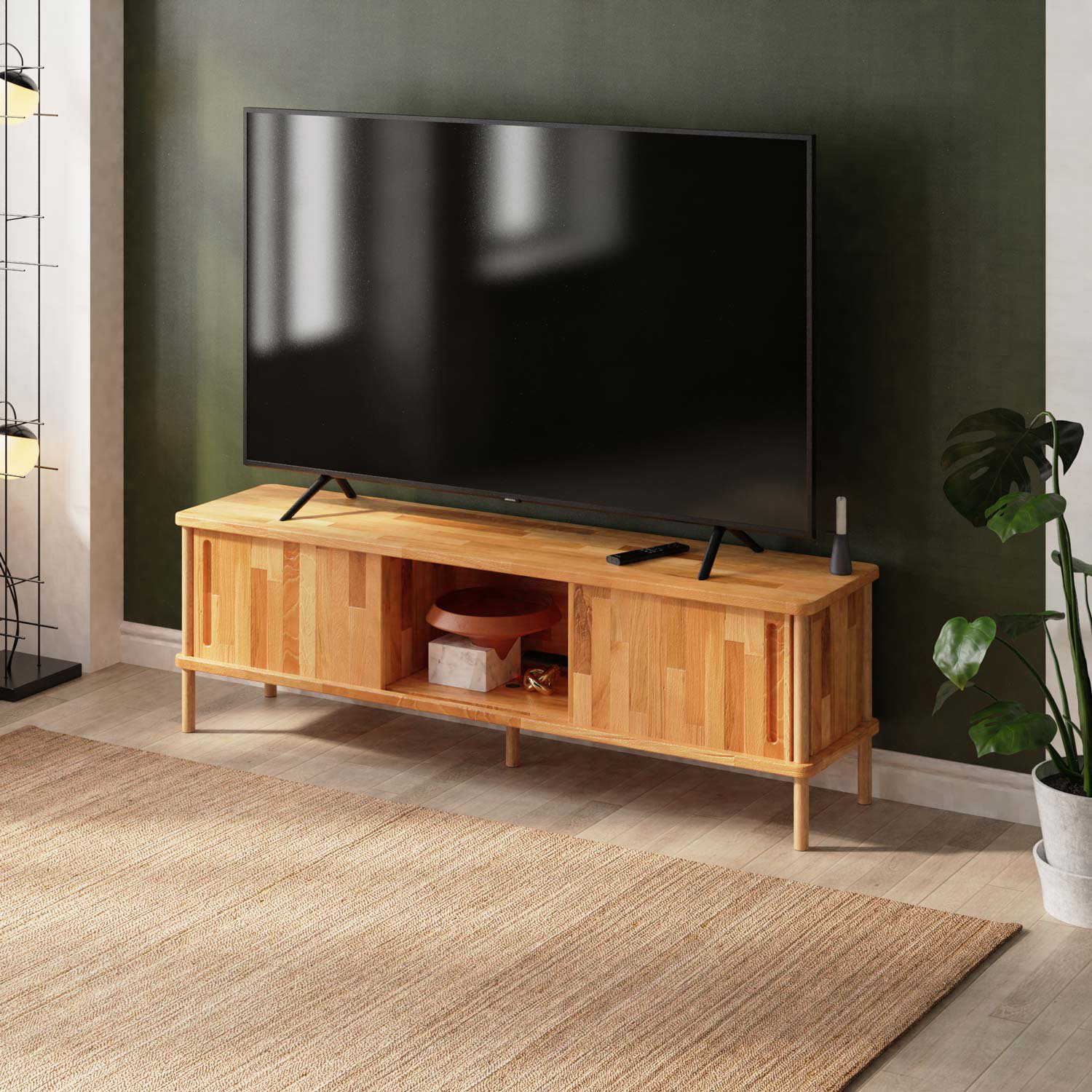Demontha Solid Wood 63" TV Console – 2 Sliding Doors with Open Storage ...