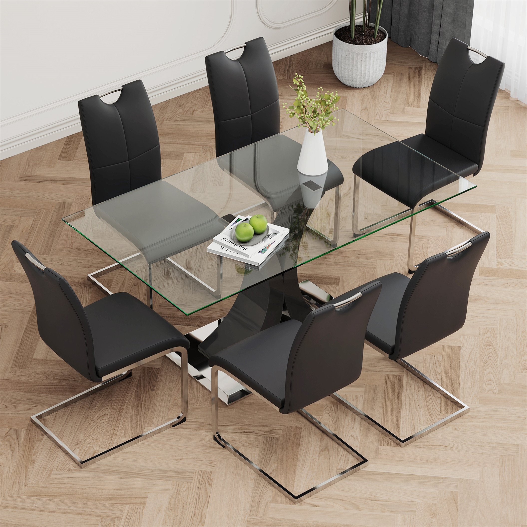 Orren Ellis Modern Elegant Glass Dining Table Set with Sturdy Charcoal ...