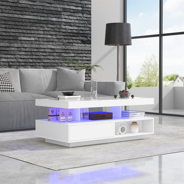 Metro Lane White High Gloss LED Coffee Table With 2 Drawers & 16-Color ...