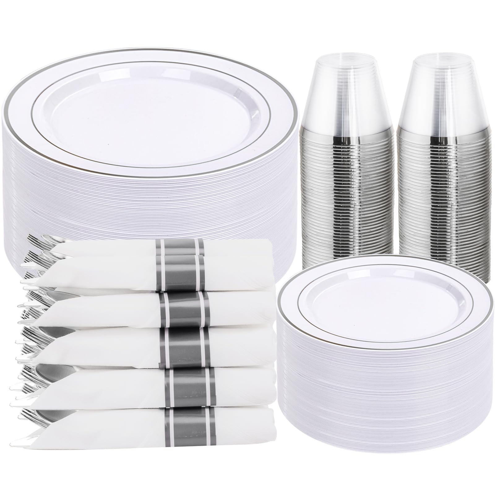 TAIZHOUGUANGRUI 350PCS Silver Plastic Dinnerware Set For 50 Guests ...