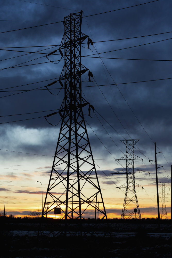 Latitude Run® Silhouette Of Large Metal Powerline Towers With Glowing ...