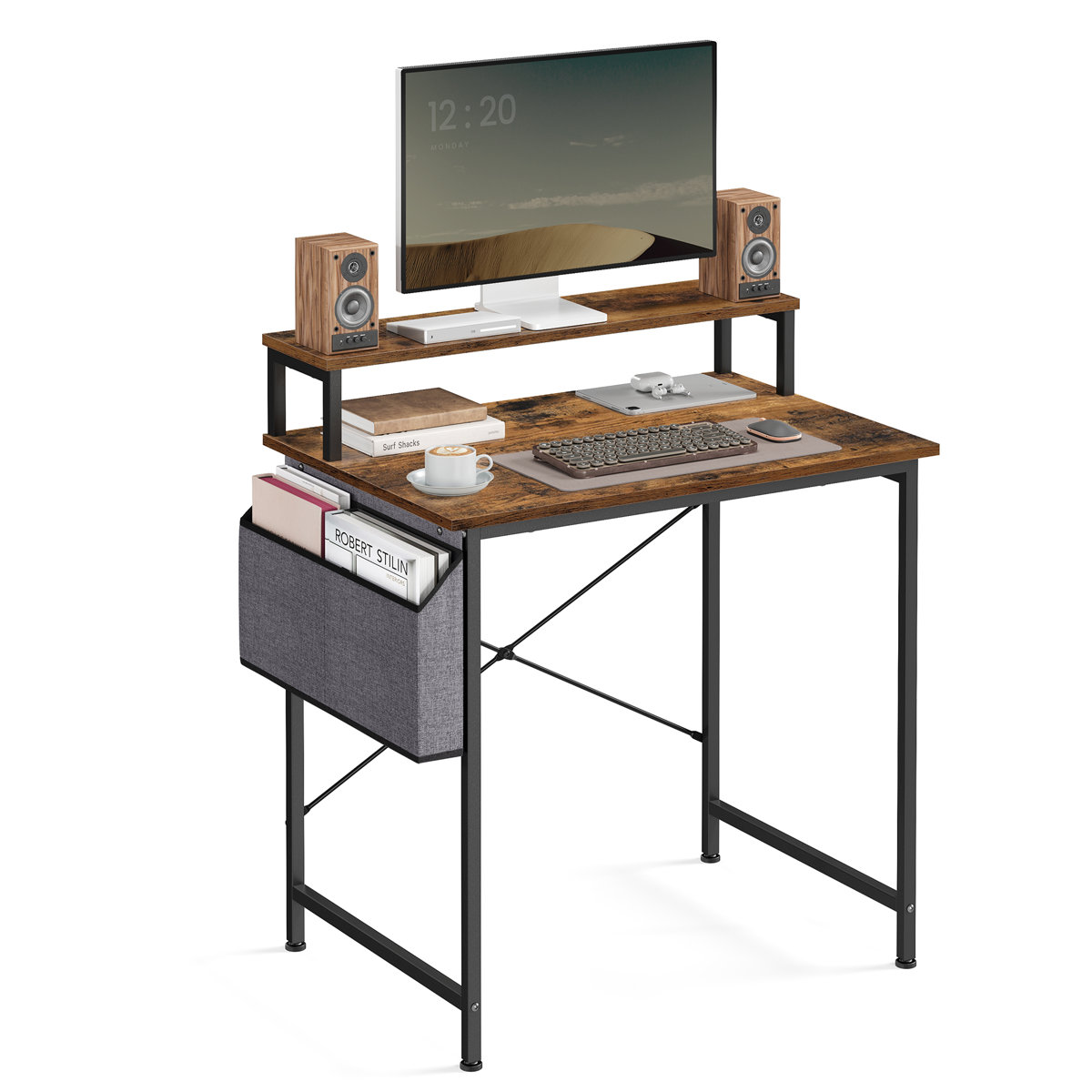 Borough Wharf Computer Desk With Monitor Riser, Fabric Pouch, X-Bar ...