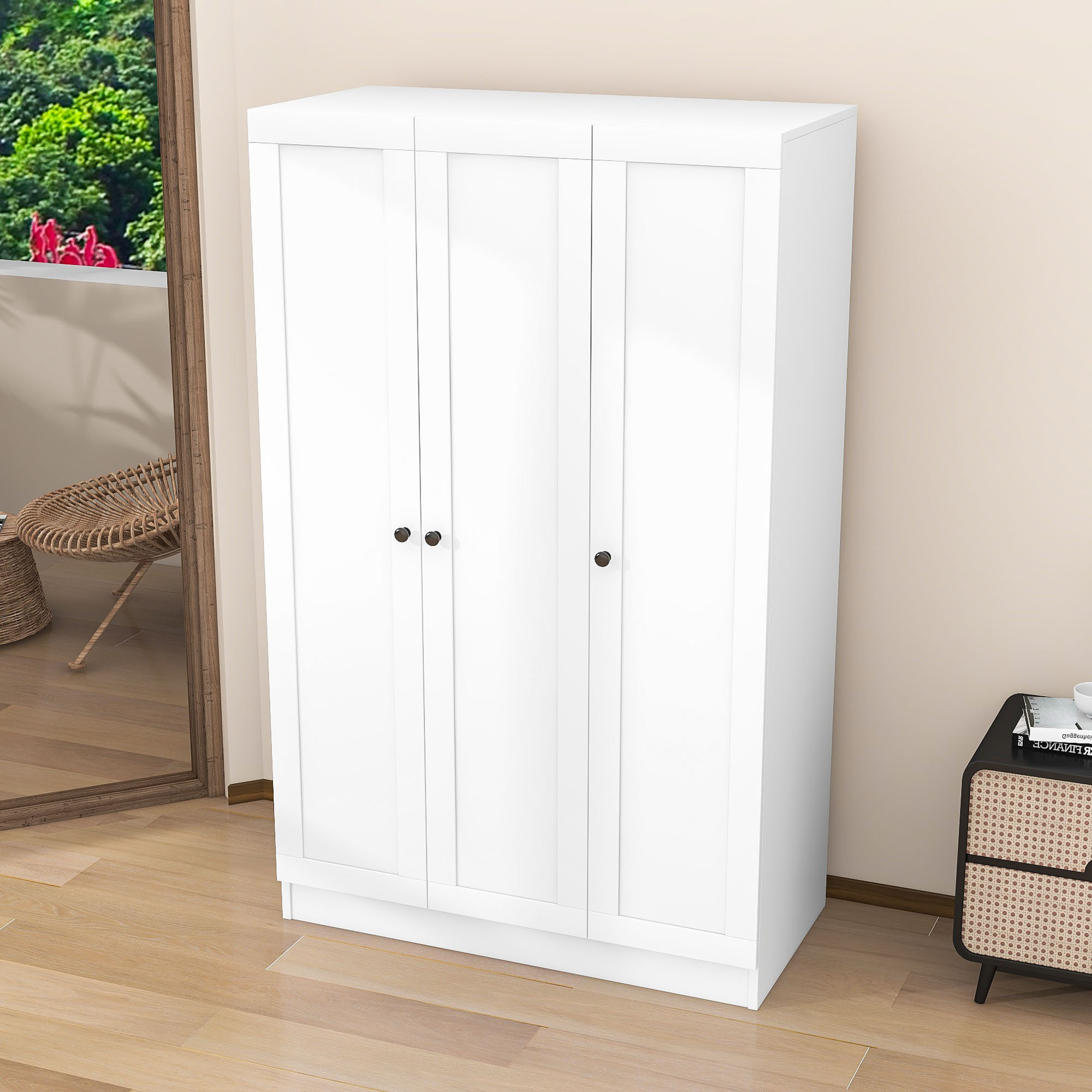 Winston Porter Natalis Wood 3-Doors Shutter Wardrobe with Shelves | Wayfair