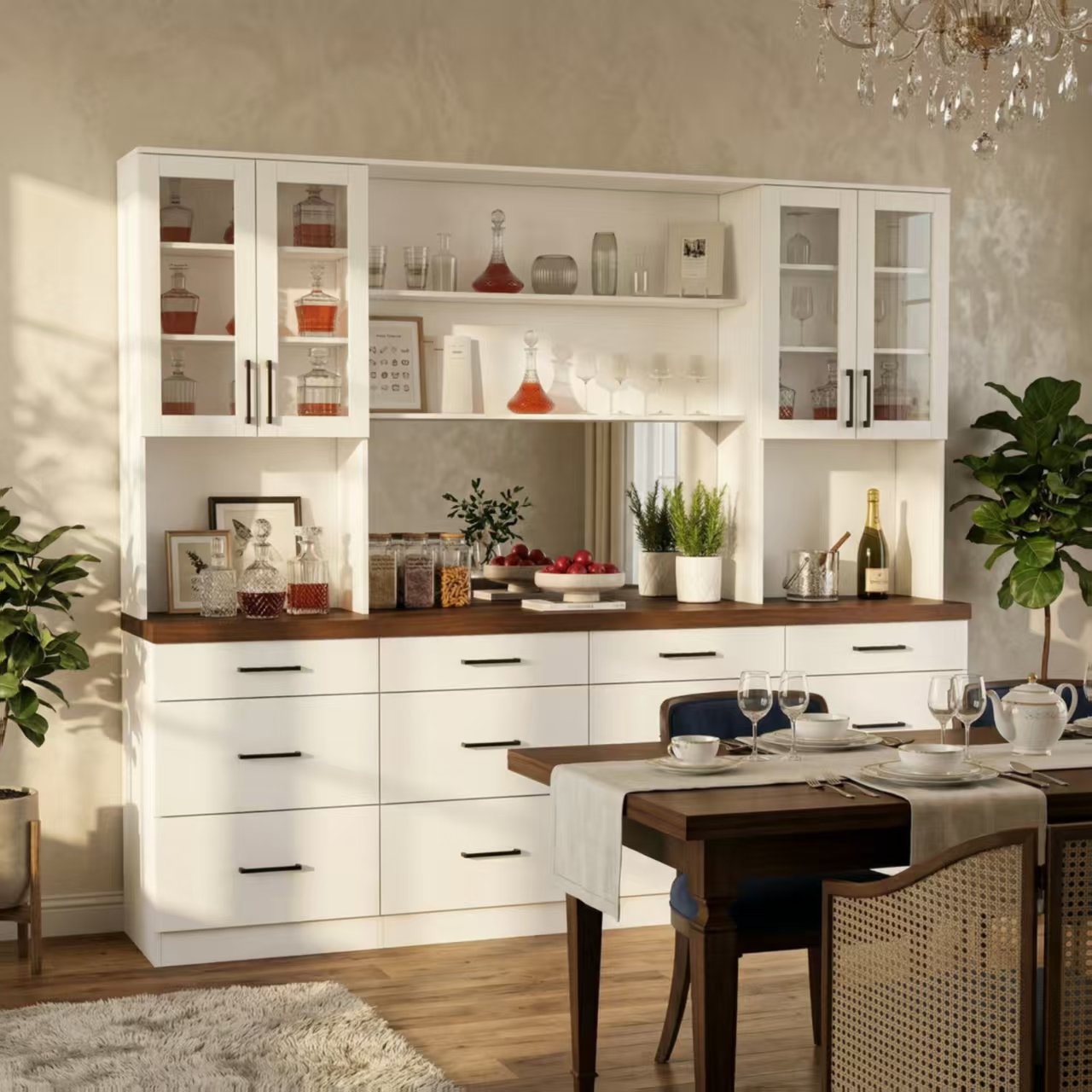 Latitude Run® 94.5" Wide Large Wine Bar Cabinet With 12 Drawers & Glass ...