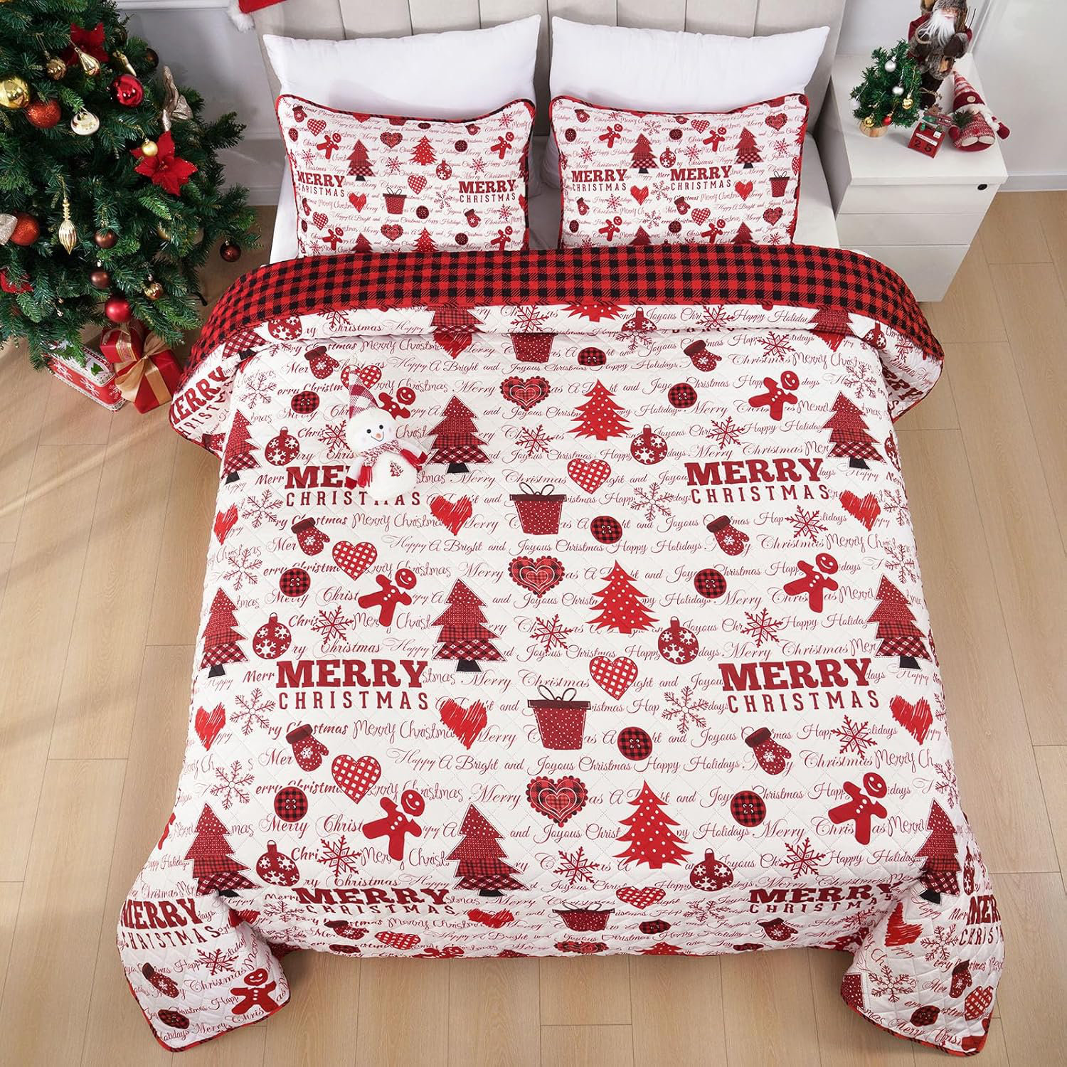 SKE RENTALS 3-Piece Christmas Quilt Set Holiday Lightweight Reversible ...
