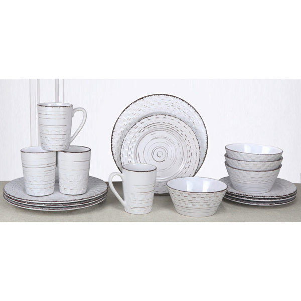 Lorren Home Trends Distressed Weave 16 Piece Dinnerware Set, Service ...