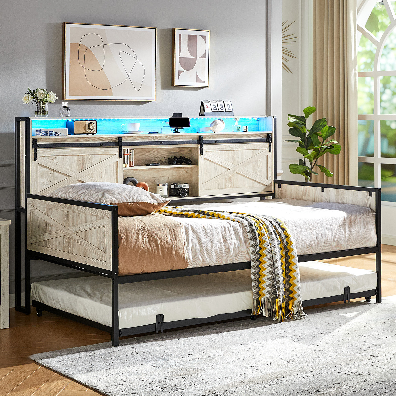 Harper Orchard Farmhouse Twin Daybed With Trundle, Sliding Barn Door ...