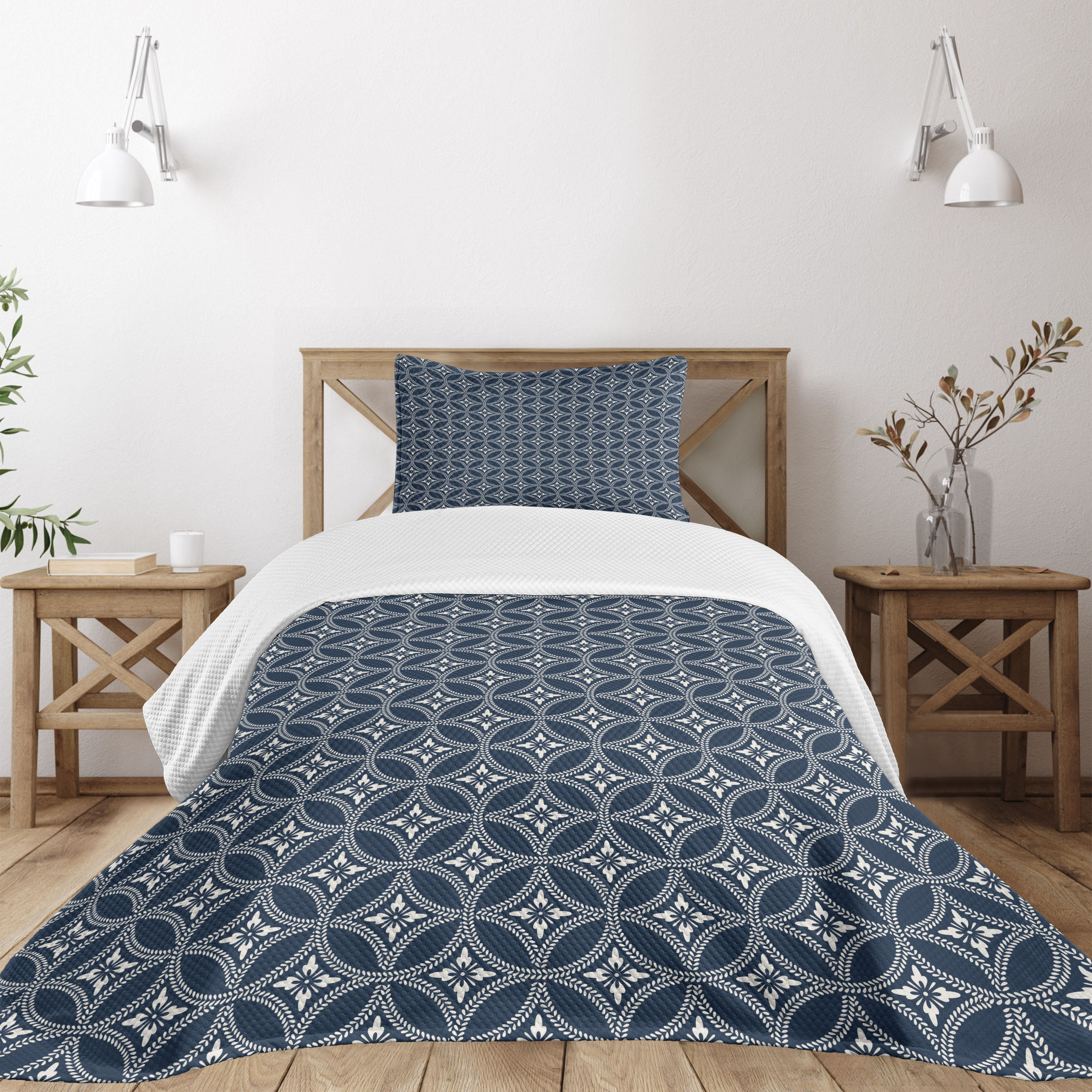 Ambesonne Geometric Bedspread Set Japanese Lotus Circle Dark Blue Cream ...
