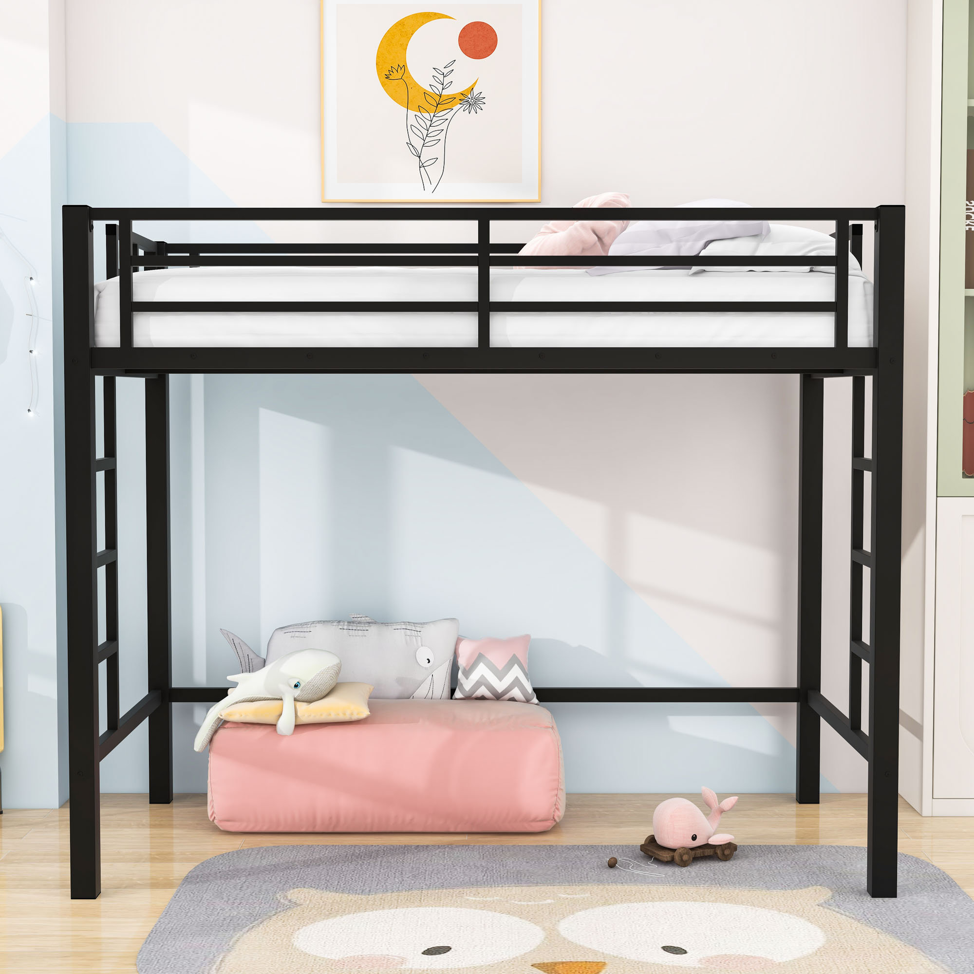 Harriet Bee Modern Metal Loft Bed With Dual Ladder And Open Under Bed ...