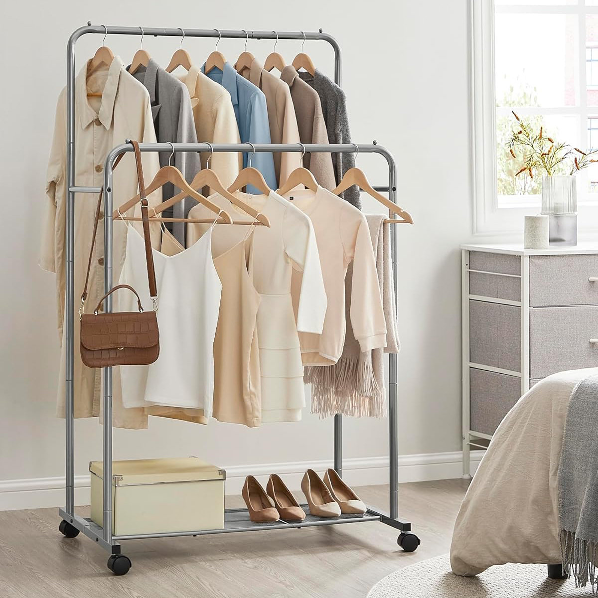 Hokku Designs Double-Rod Clothes Rack with Wheels, Metal Clothing Rack ...