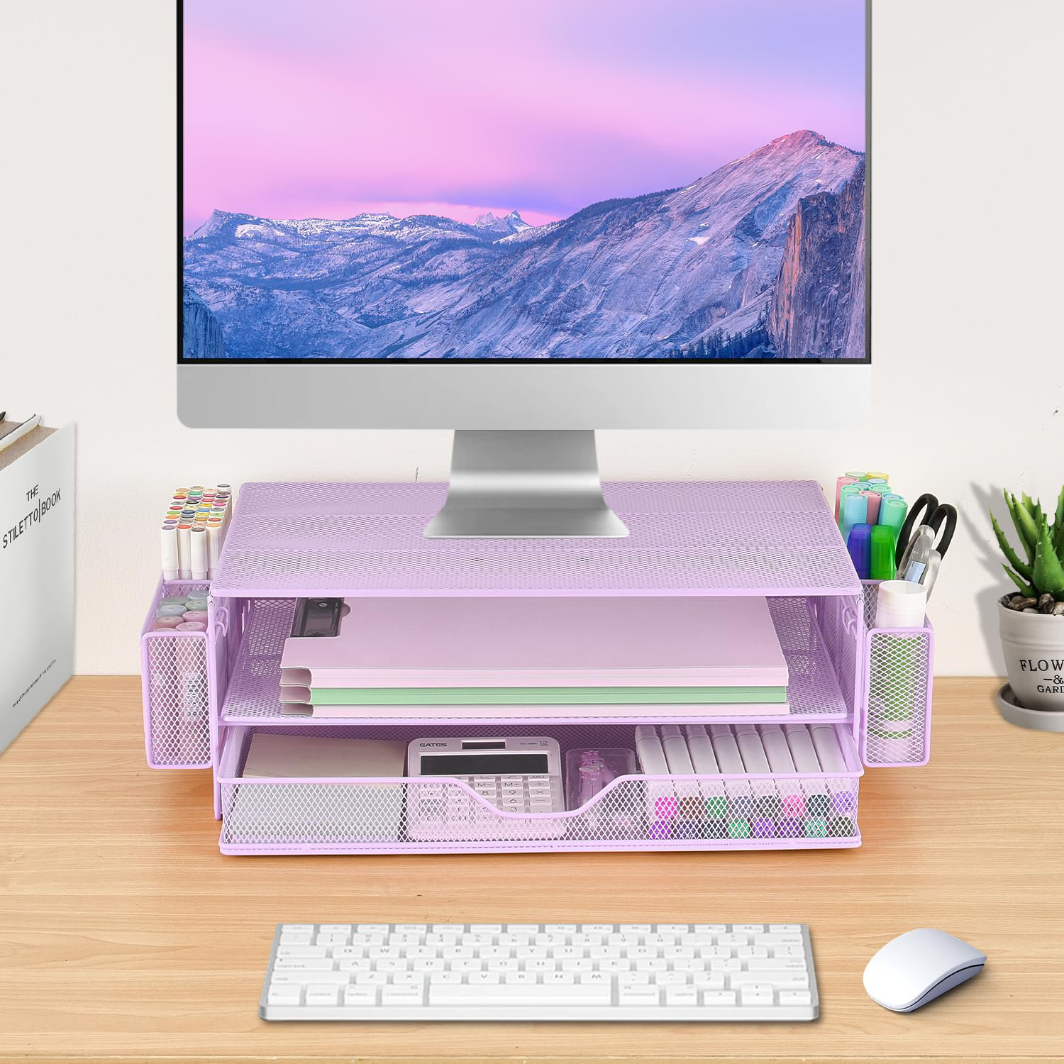 Inbox Zero Computer Monitor Stand Riser With Storage Drawers, Pen ...