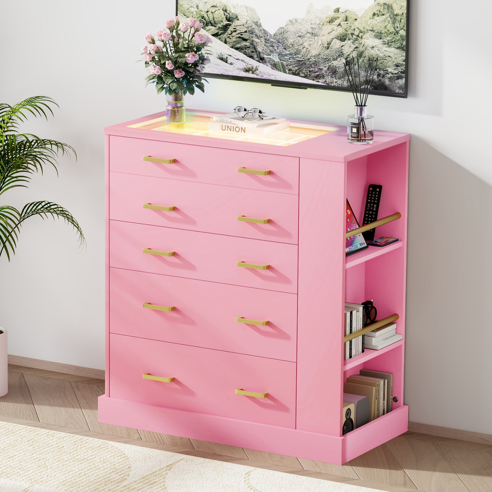 Wrought Studio 5 Drawer Dresser with Led Lights & Jewellery Organize ...